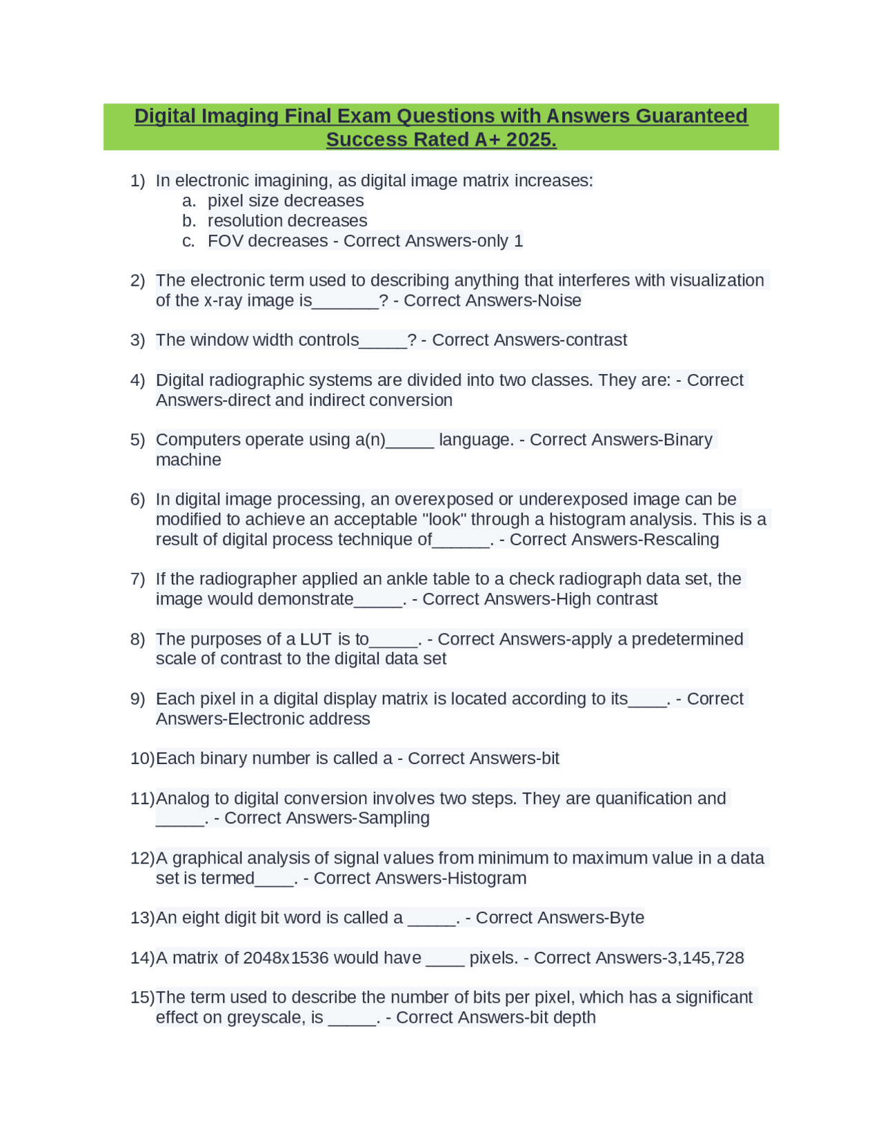 Digital Imaging Final Exam Questions with Answers Guaranteed Success ...