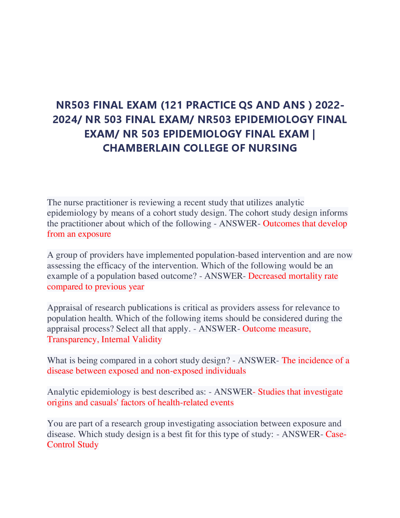 NR503 FINAL EXAM (121 PRACTICE QS AND ANS ) 2022- 2024/ NR 503 FINAL EXAM/ | Exams Nursing | Docsity