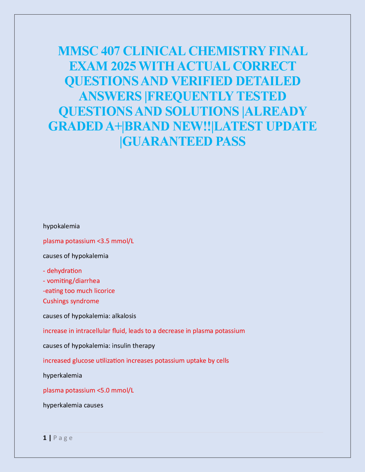 MMSC 407 CLINICAL CHEMISTRY FINAL EXAM 2025 | Exams Clinical chemistry ...