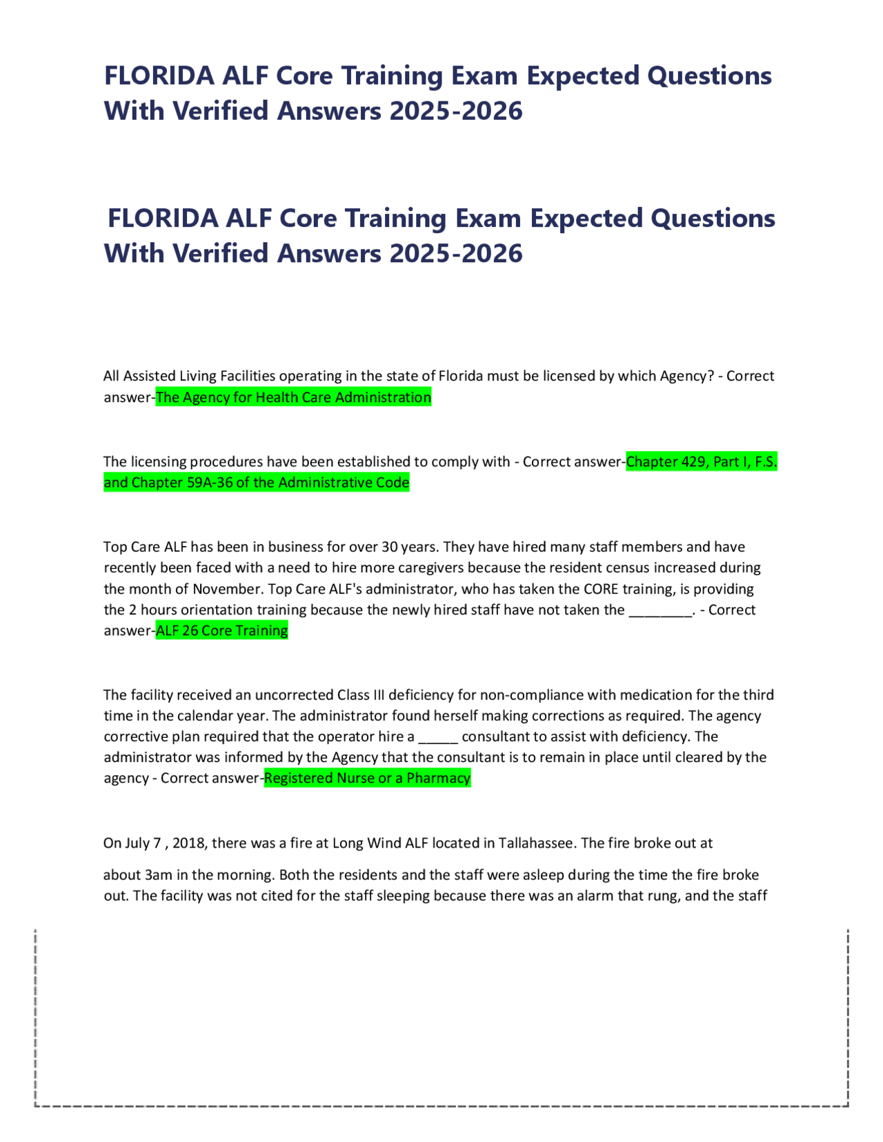 FLORIDA ALF Core Training Exam Expected Questions With Verified Answers ...