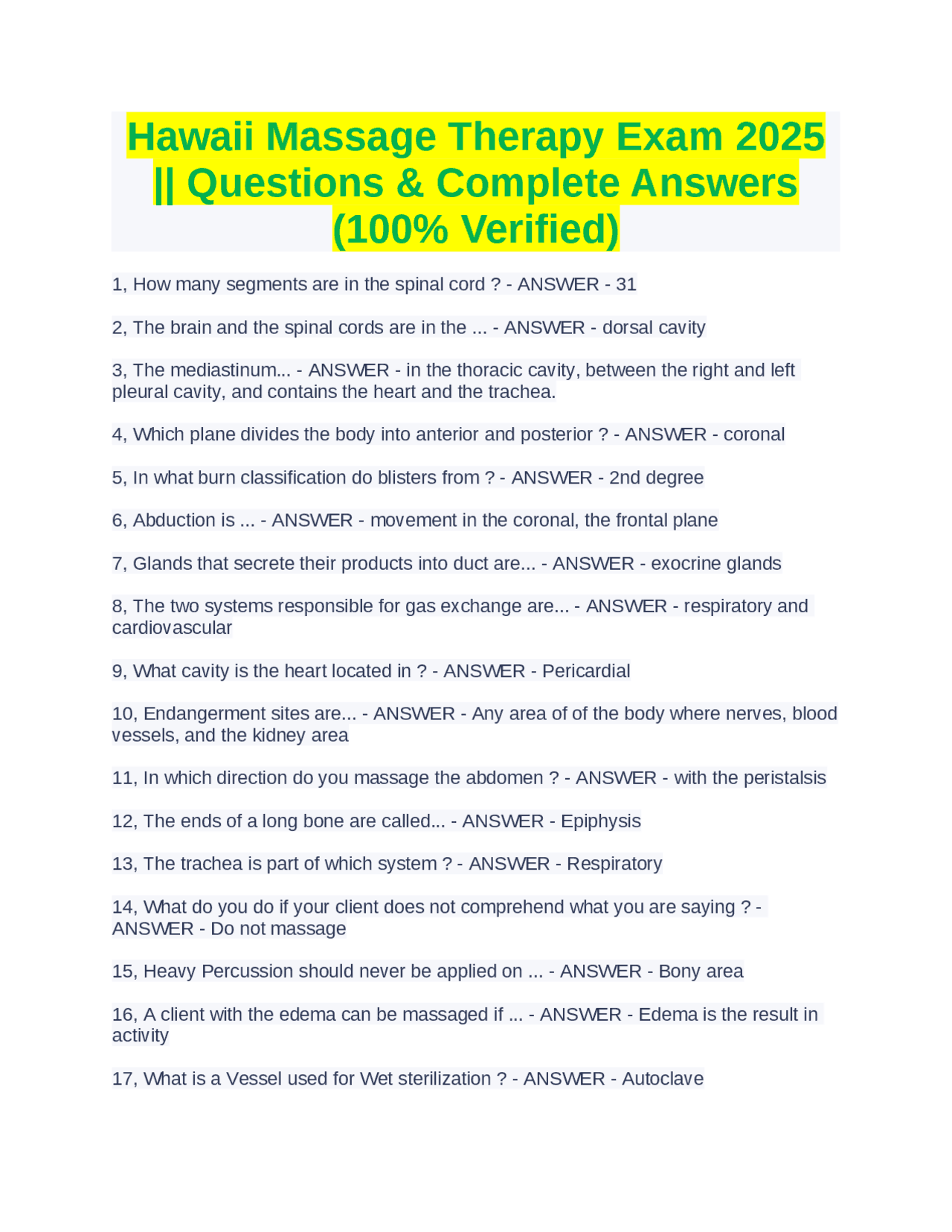 Massage Therapy Exam Prep 2025: Q&A Study Guide | Exams Health sciences ...