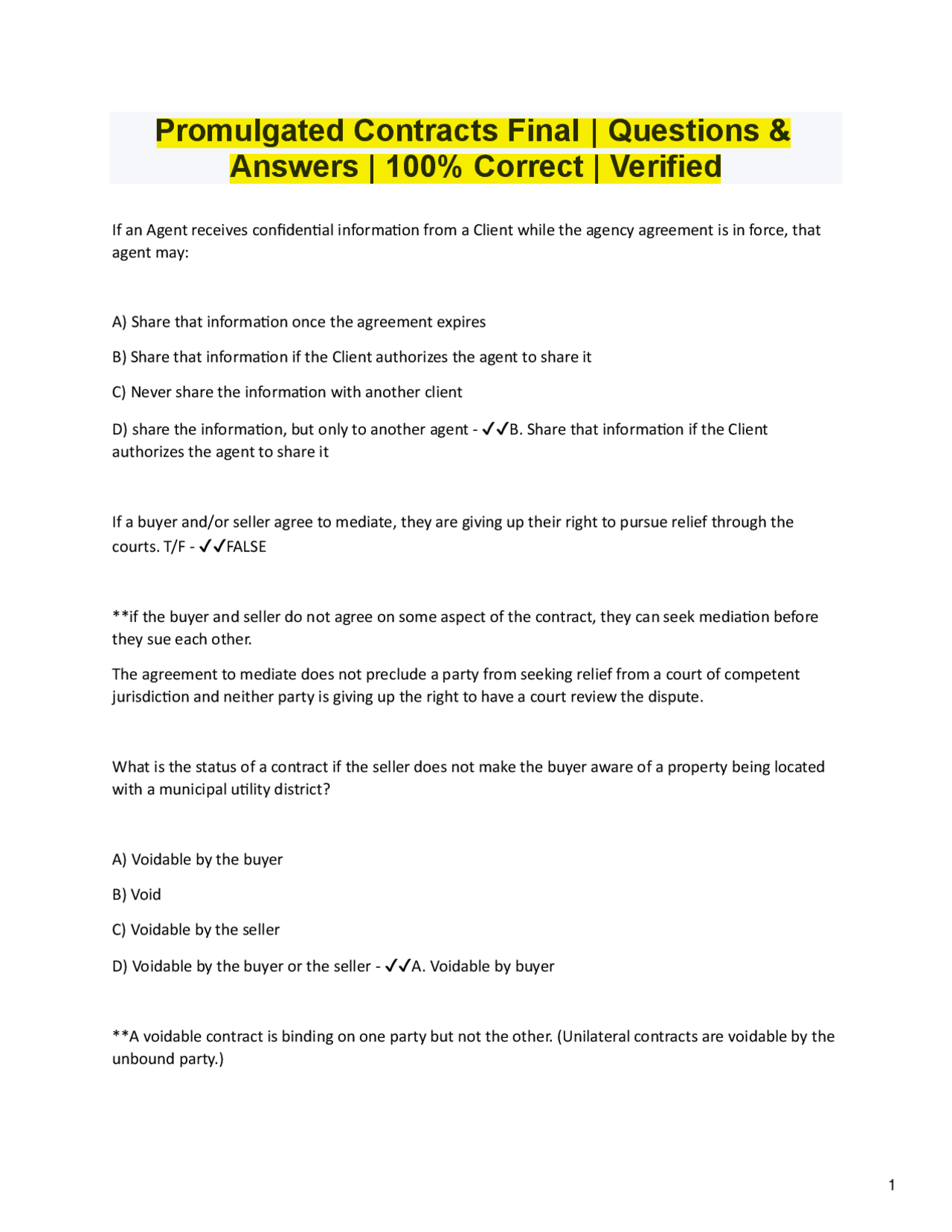 Promulgated Contract Forms Final Exam | 100% Correct Answers | Verified ...