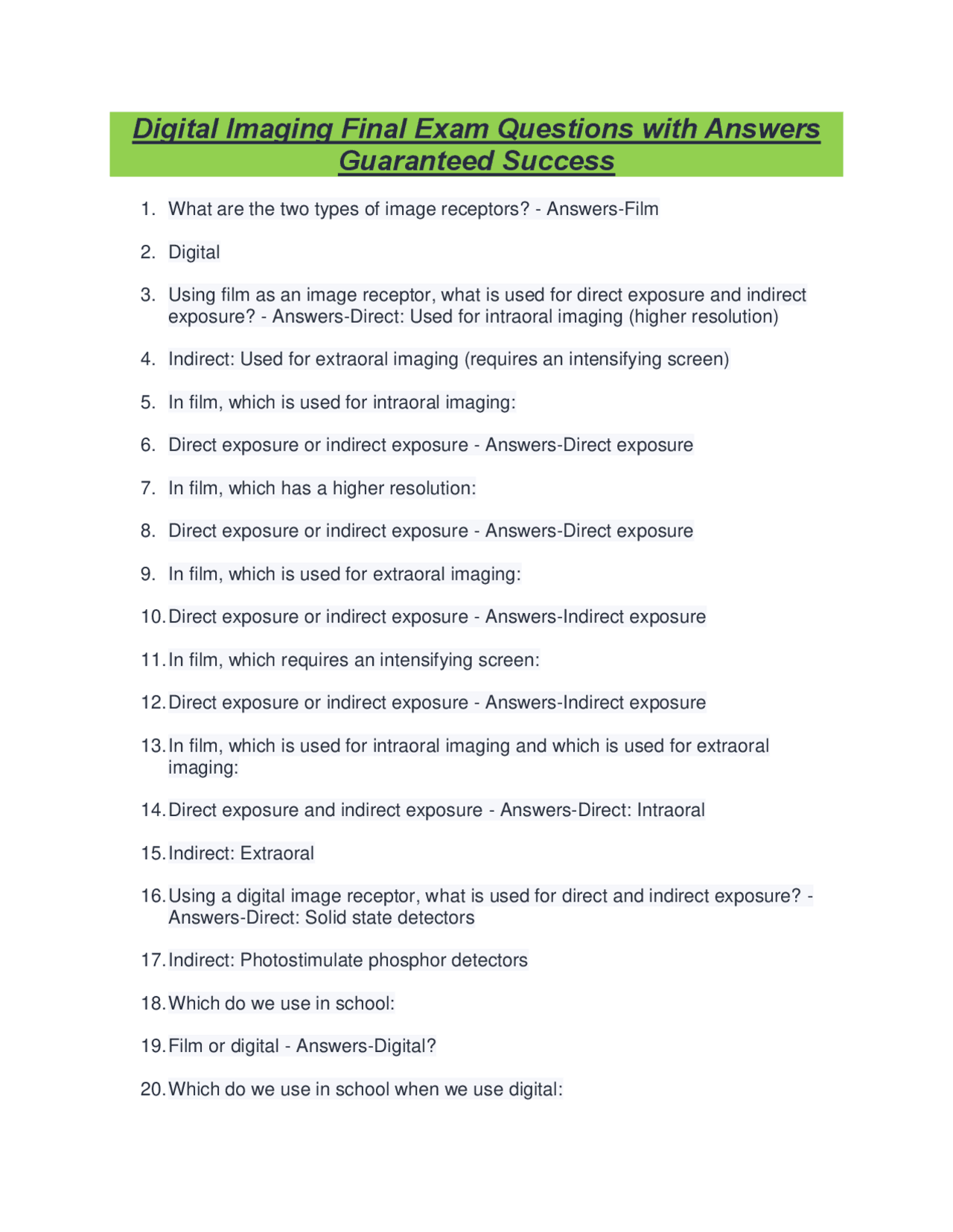 Digital Imaging Final Exam Questions with Answers Guaranteed Success ...