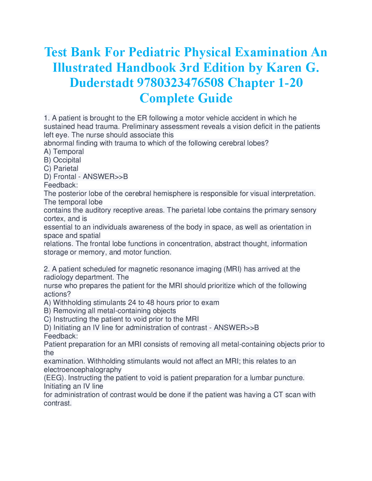 TESTBANK FOR PEDIATRIC PHYSICAL EXAMINATION An Illustrated Handbook 3RD ...