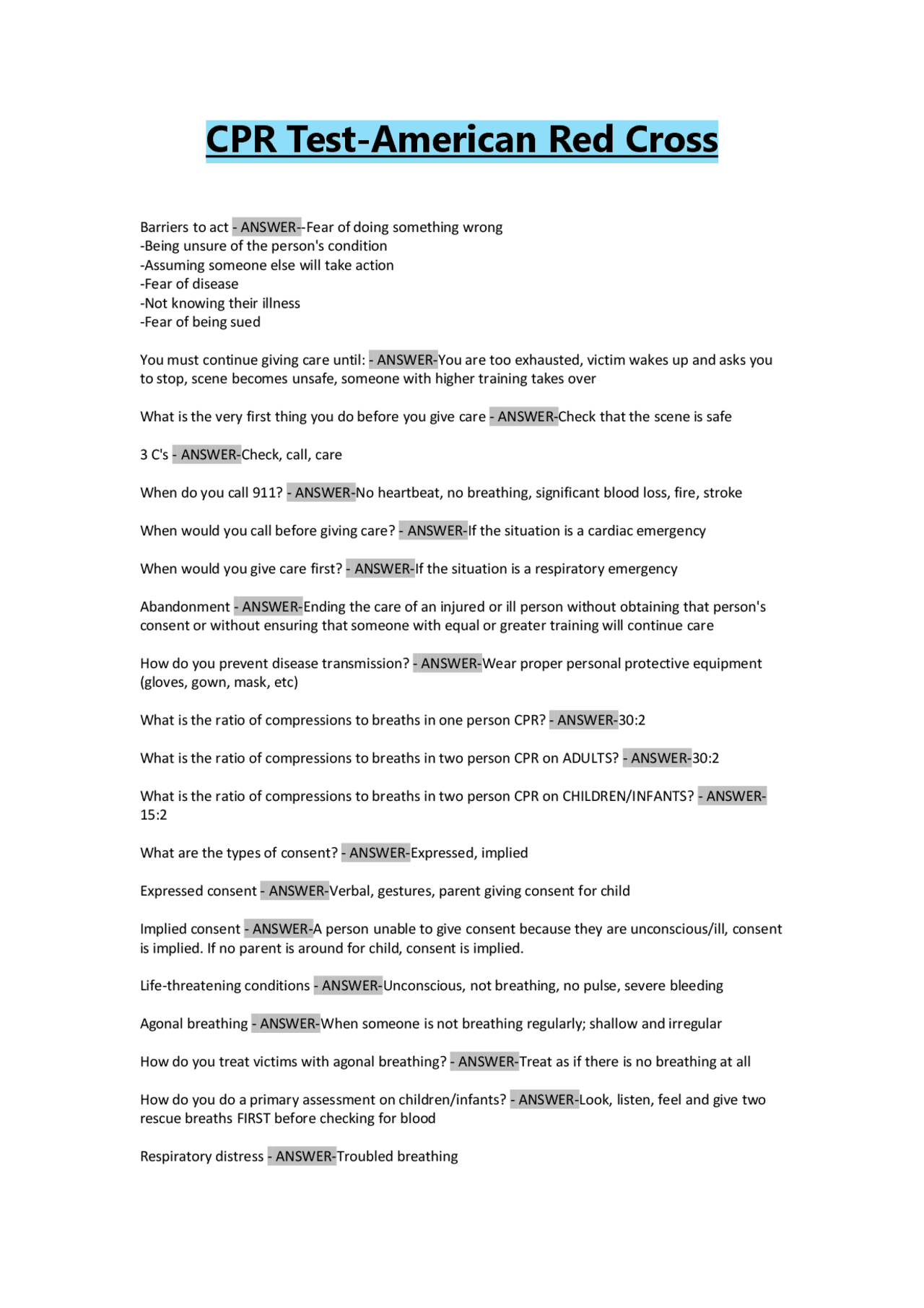 CPR Test-American Red Cross Exam 2025 | Exams Nursing | Docsity