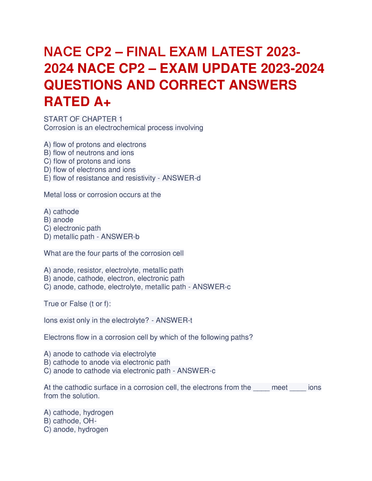 NACE CP2 – FINAL EXAM LATEST 2023- 2024 NACE CP2 –verified exam real ...