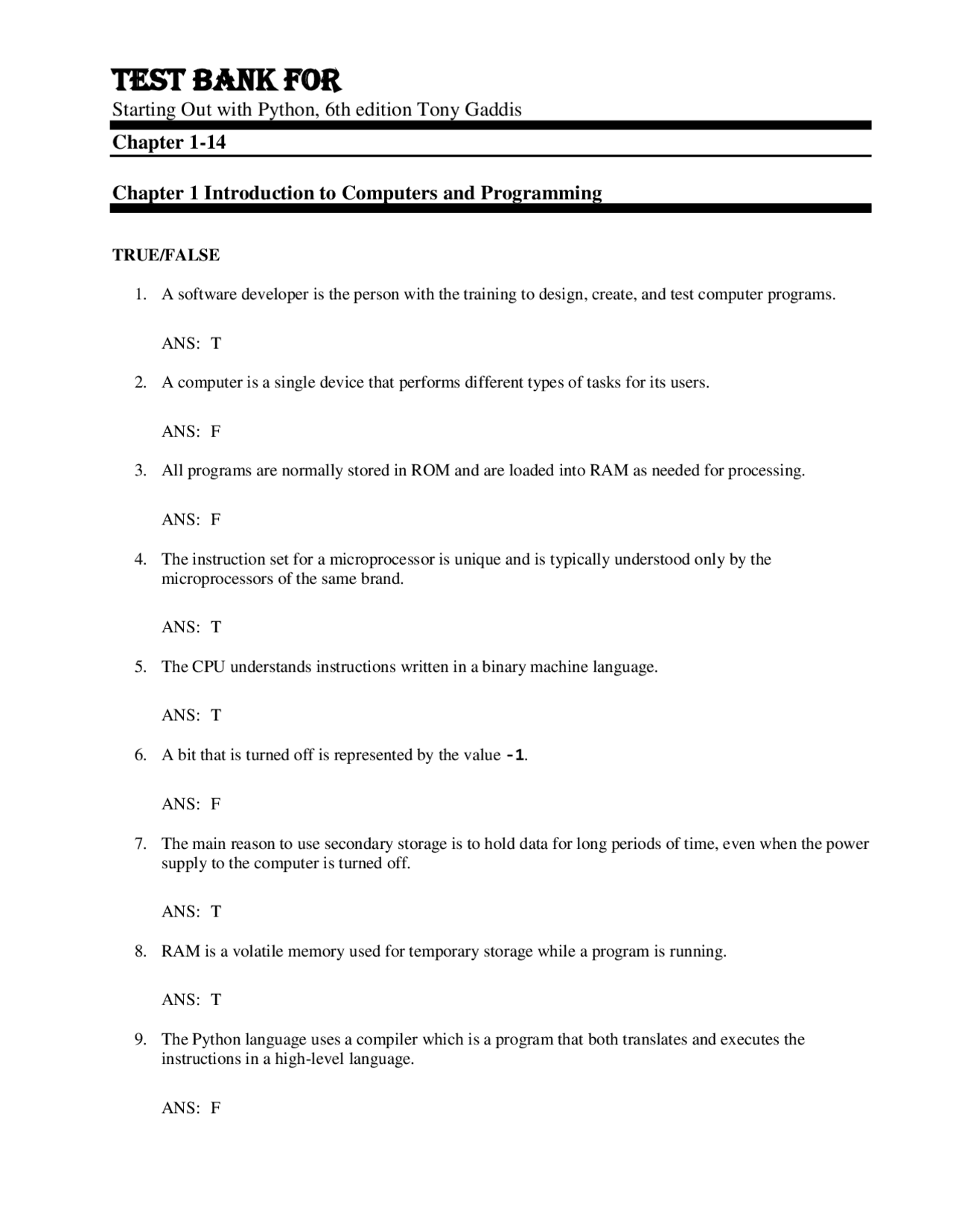 Test Bank For Starting Out with Python, 6th Edition by Tony Gaddis ...