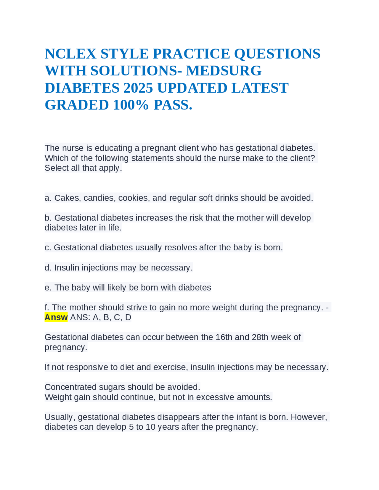 NCLEX STYLE PRACTICE QUESTIONS WITH SOLUTIONS- MEDSURG DIABETES 2025 ...