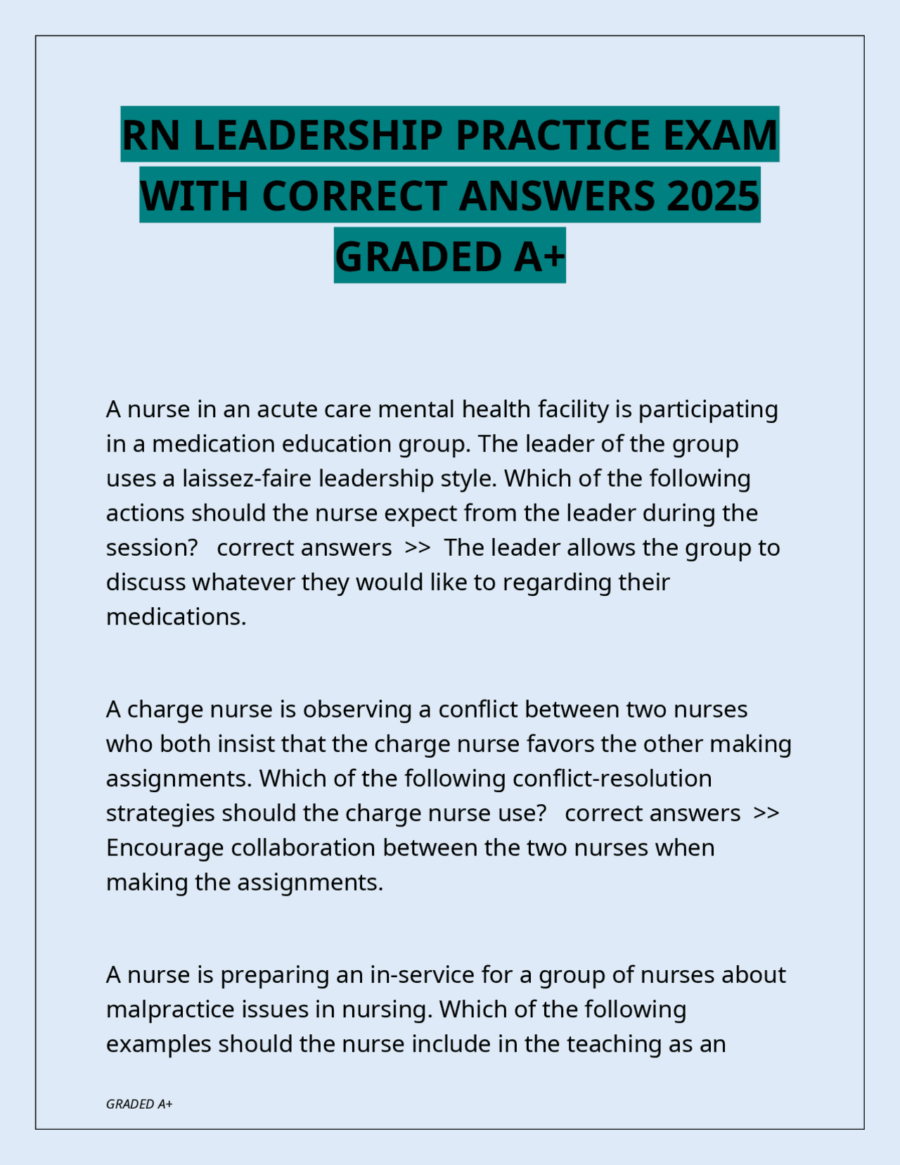 Nursing Leadership Practice Exam: Questions and Answers | Exams ...