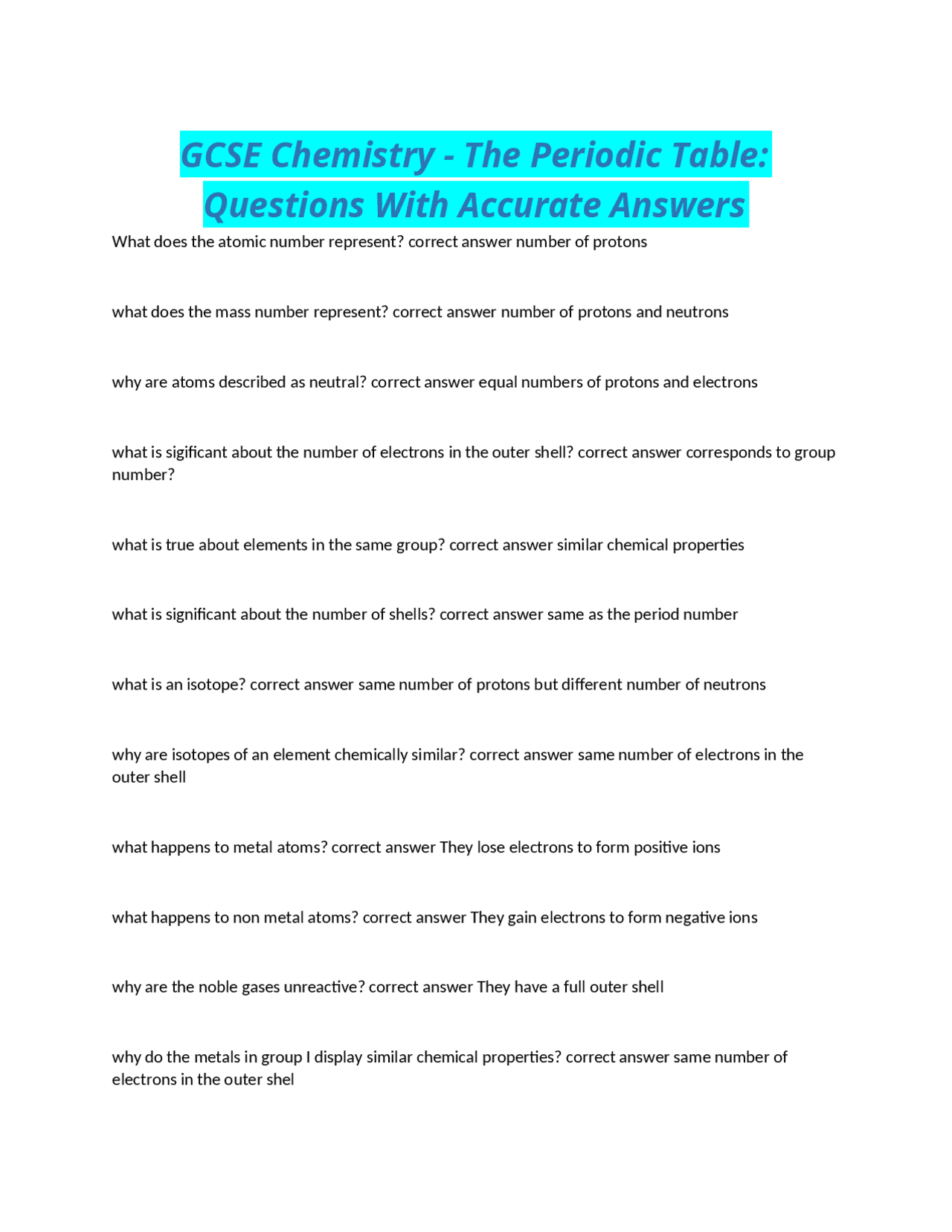 GCSE Chemistry: Periodic Table Questions and Answers | Exams Chemistry ...