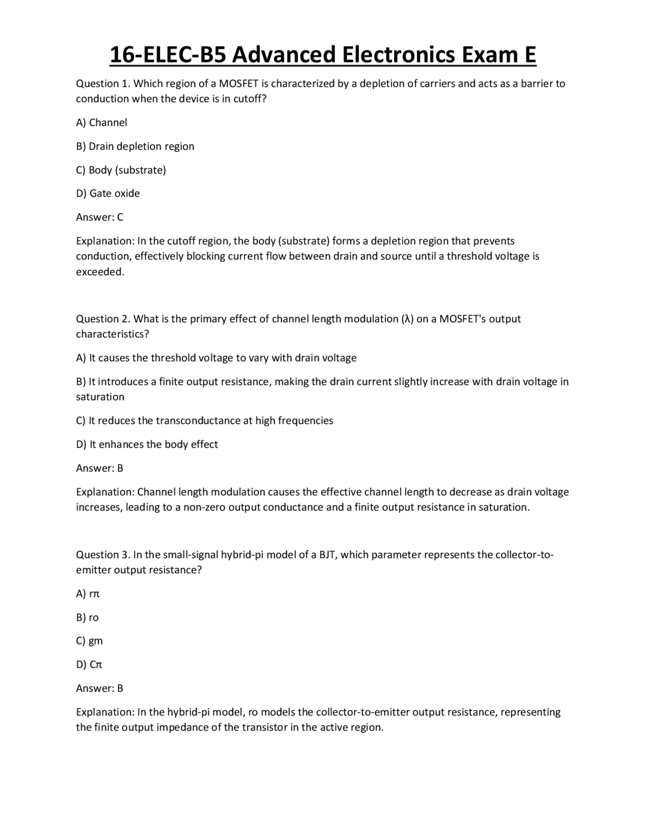 16-ELEC-B5 Advanced Electronics Exam E | Exams Technology | Docsity