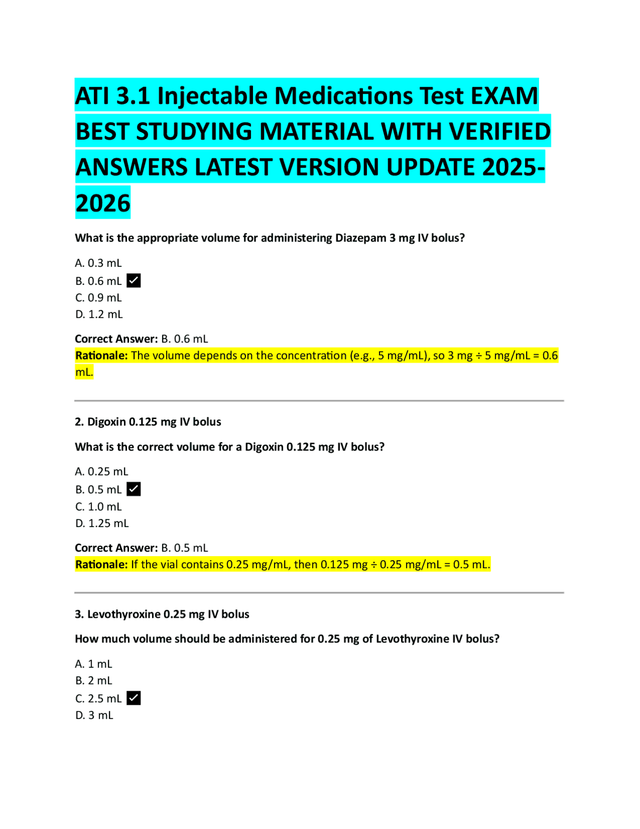 ATI 3.1 Injectable Medications Test EXAM BEST STUDYING MATERIAL WITH ...