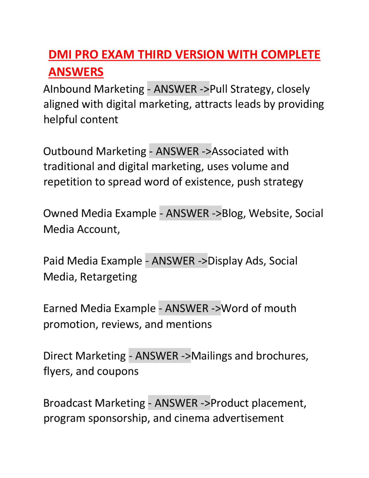 DMI PRO EXAM THIRD VERSION WITH COMPLETE ANSWERS | Exams Marketing ...