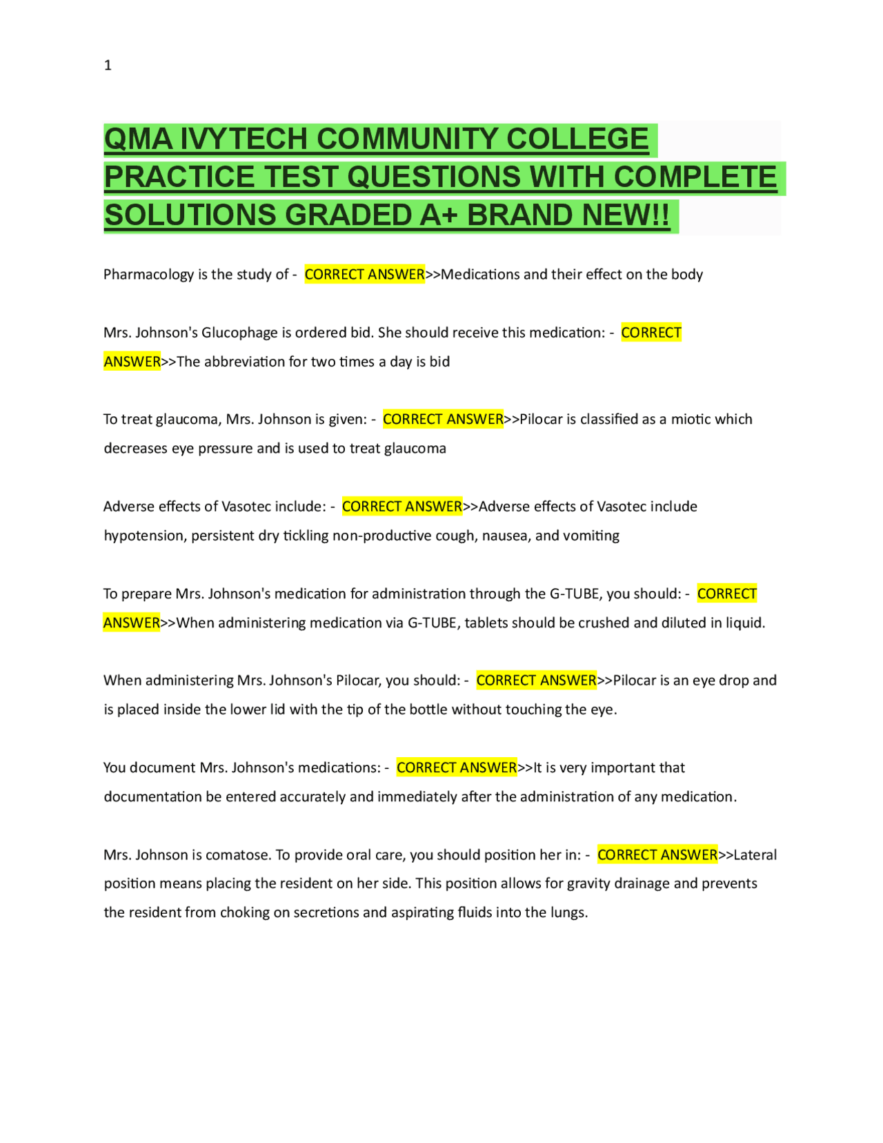 QMA IVYTECH COMMUNITY COLLEGE PRACTICE TEST QUESTIONS WITH COMPLETE ...