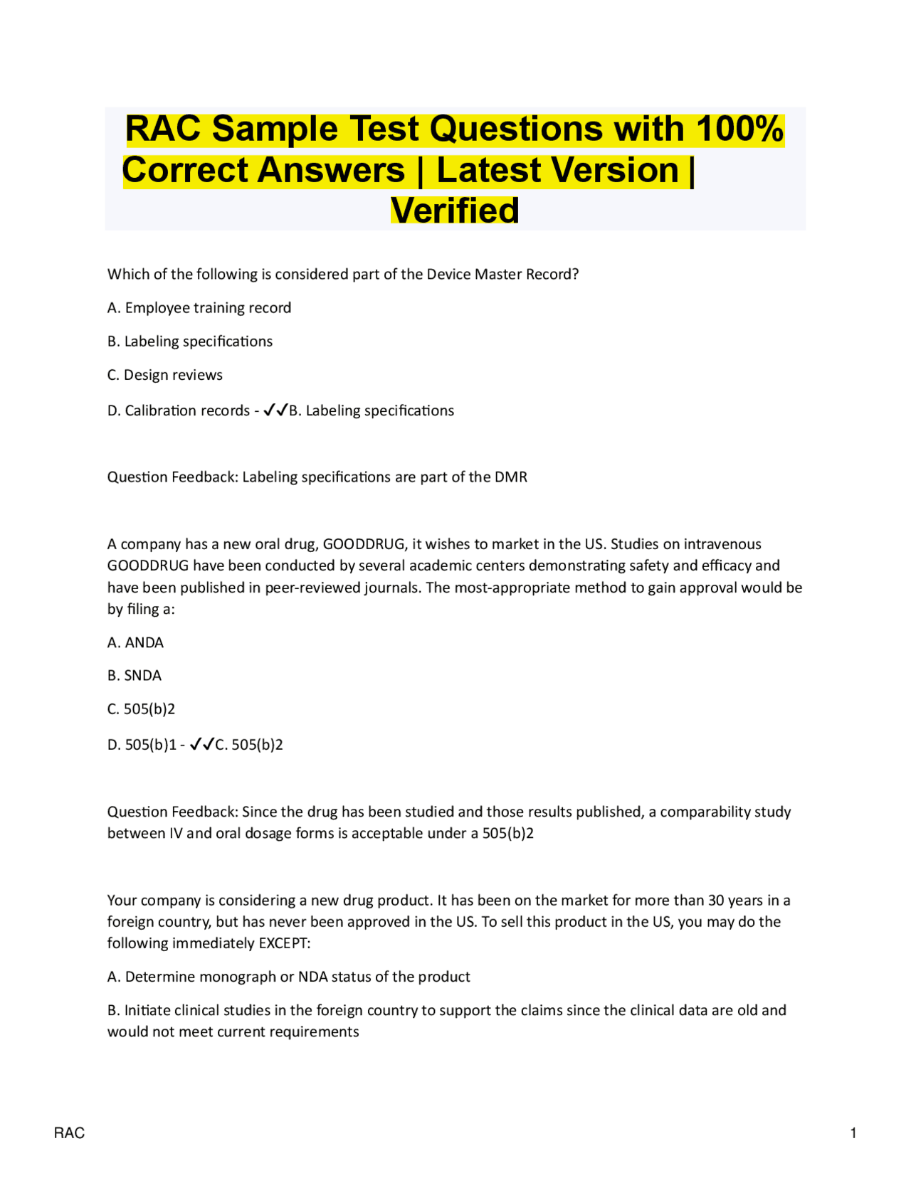 RAC Sample Test 2025/2026 | Verified Q&A | Device Regulations ...
