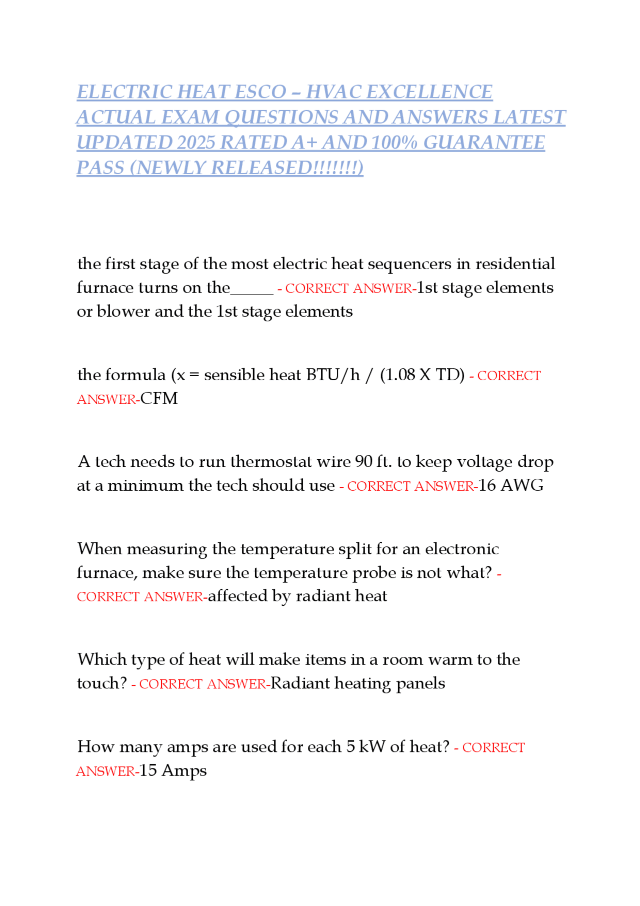 ELECTRIC HEAT ESCO – HVAC EXCELLENCE ACTUAL EXAM QUESTIONS AND ANSWERS ...
