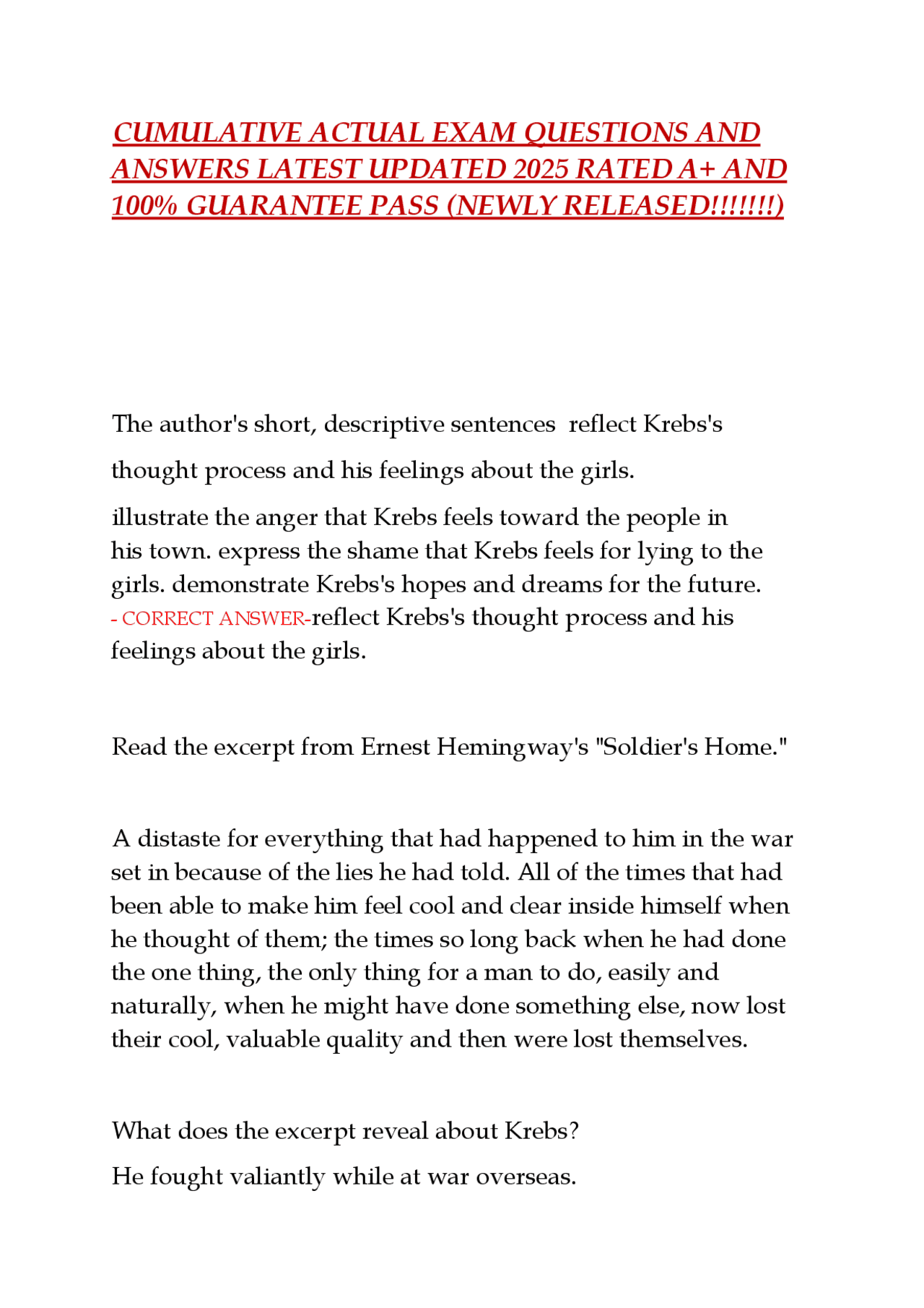 CUMULATIVE ACTUAL EXAM QUESTIONS AND ANSWERS LATEST UPDATED 2025 RATED ...