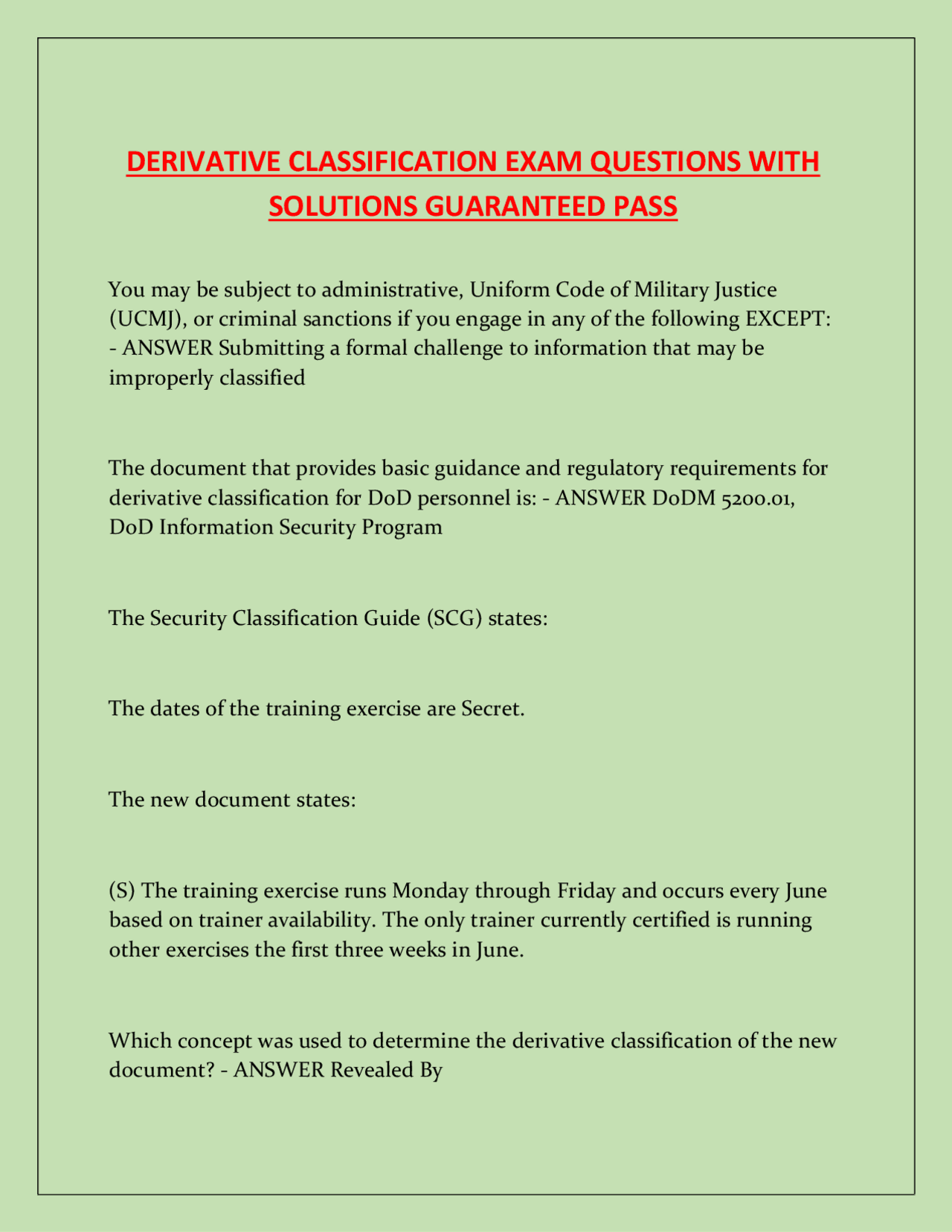 DERIVATIVE CLASSIFICATION EXAM QUESTIONS WITH SOLUTIONS GUARANTEED PASS ...