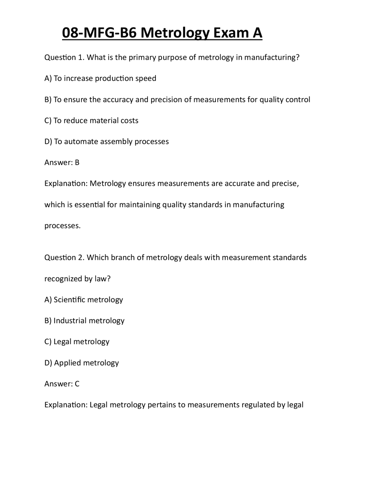 08-MFG-B6 Metrology Exam A | Exams Technology | Docsity
