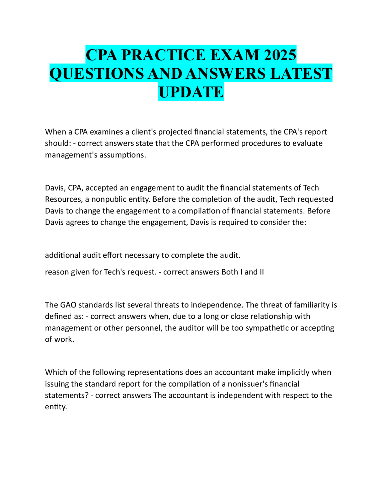 CPA PRACTICE EXAM 2025 QUESTIONS AND ANSWERS LATEST UPDATE | Exams ...