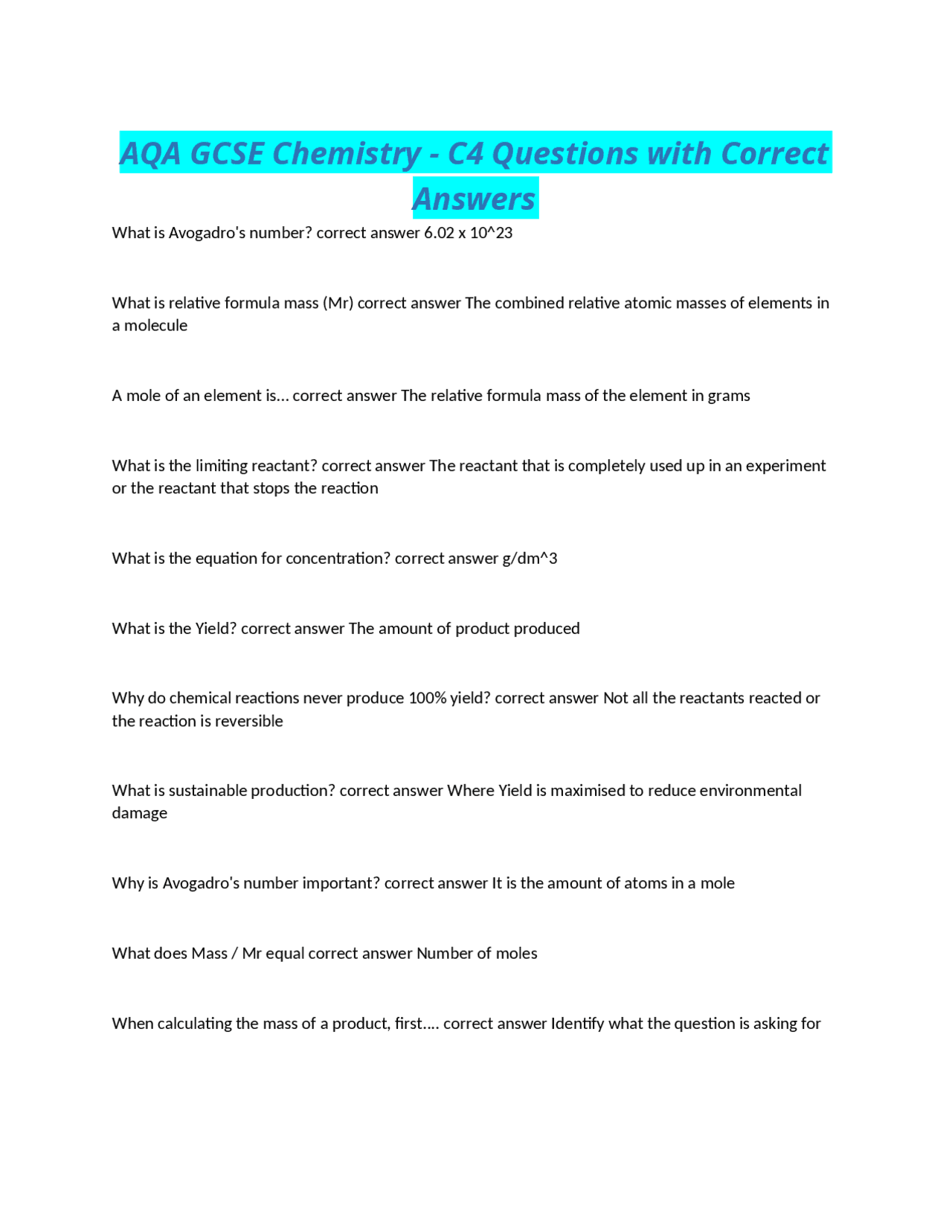 AQA GCSE Chemistry - C4 Questions with Correct Answers | Exams ...