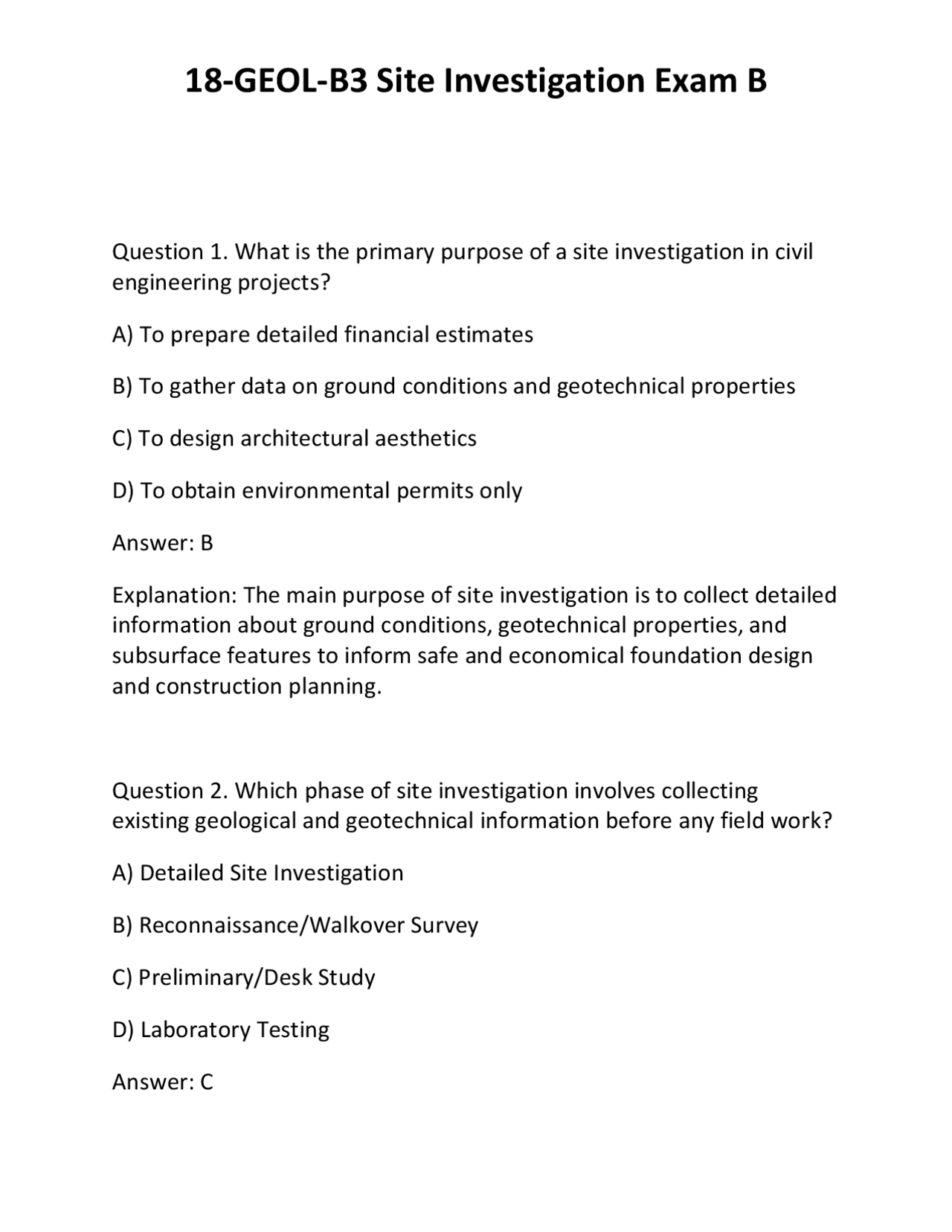 18-GEOL-B3 Site Investigation Exam B | Exams Technology | Docsity