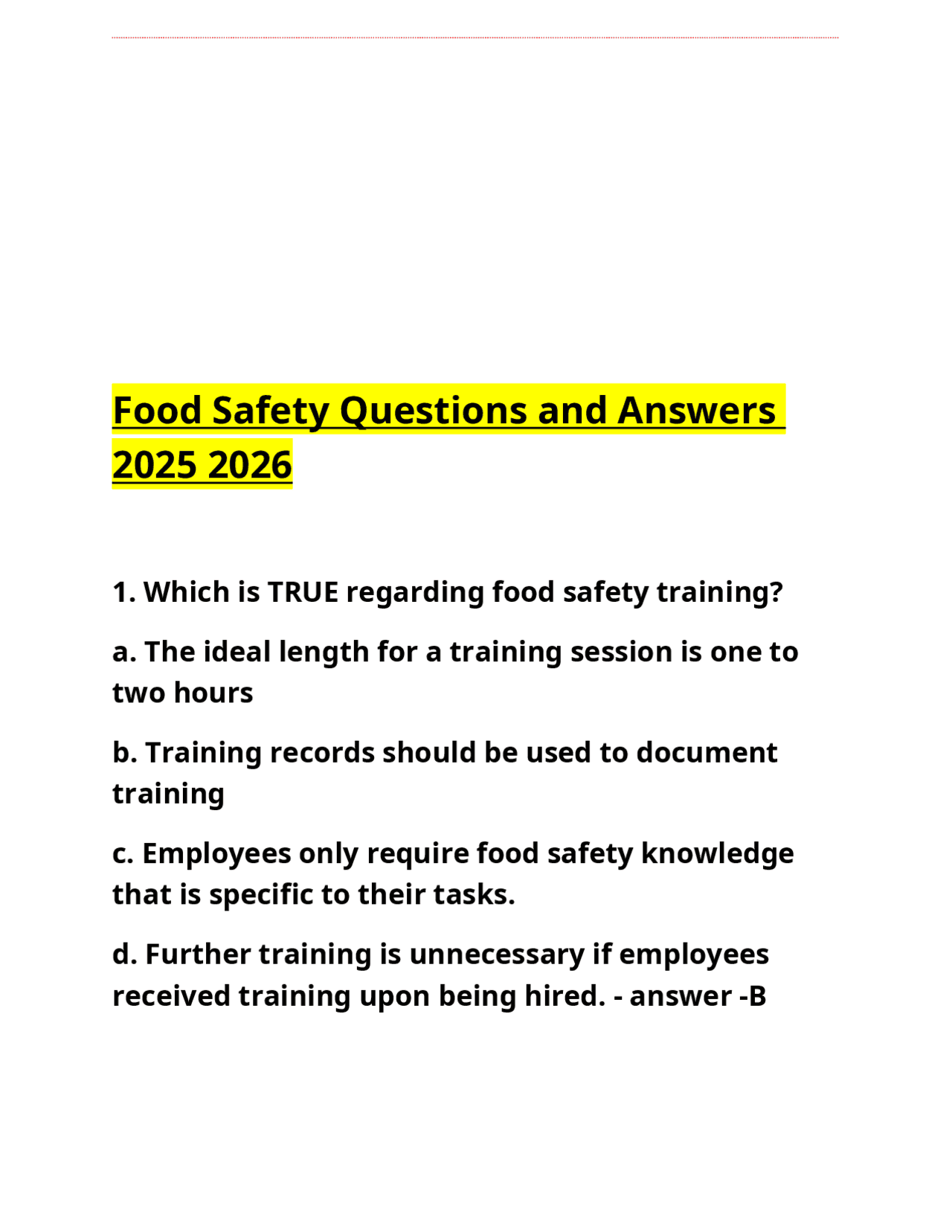 Food Safety Questions and Answers 2025 2026.docx | Exams Nursing | Docsity
