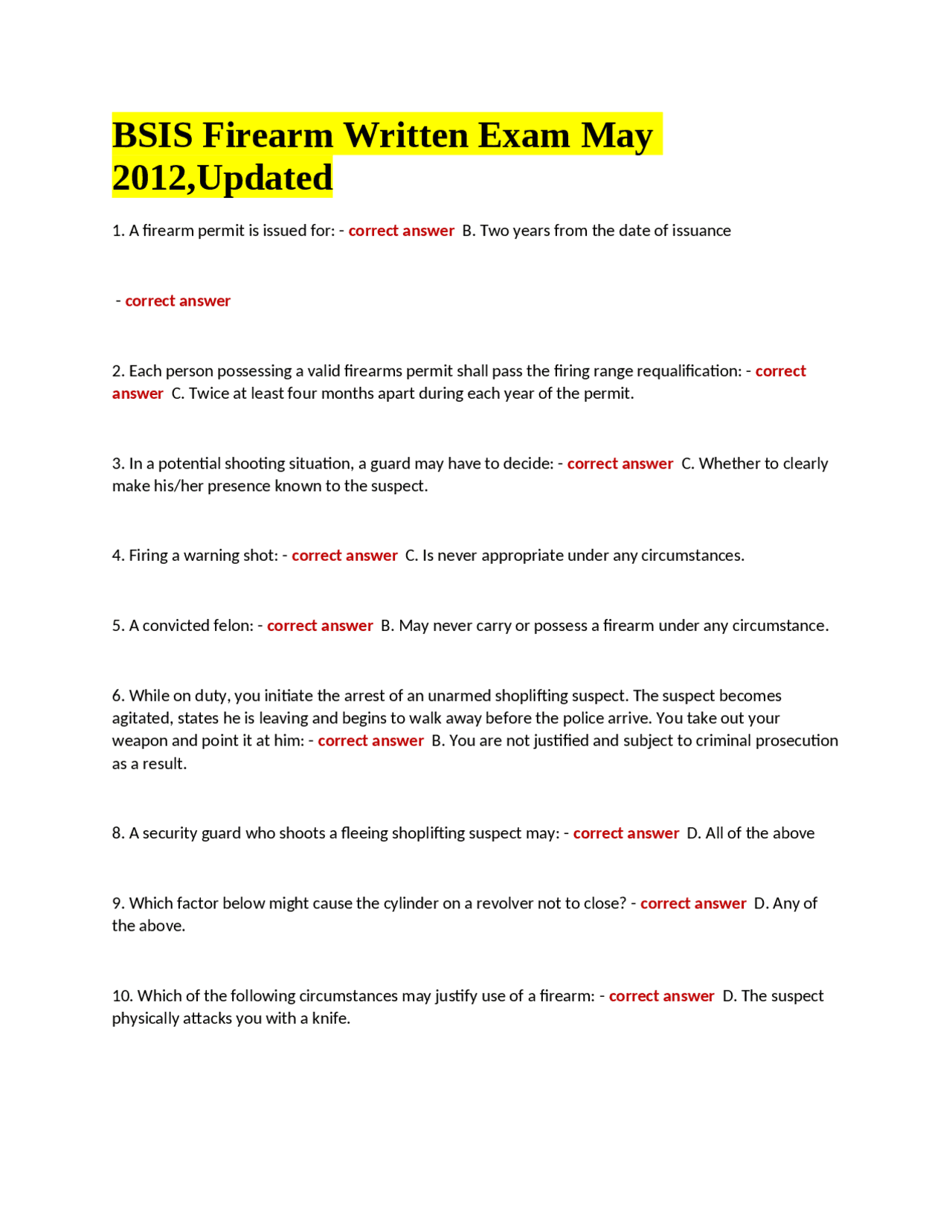 BSIS Firearm Written Exam May 2012,Updated | Exams Law | Docsity