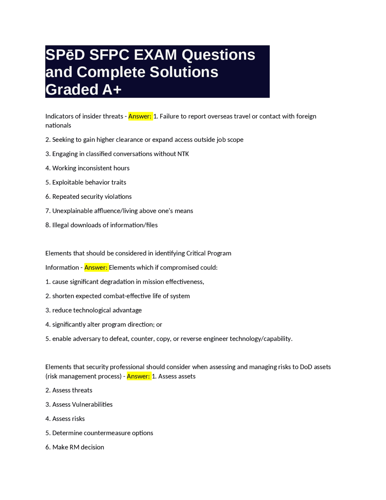 SPēD SFPC EXAM Questions and Complete Solutions Graded A+ | Exams ...