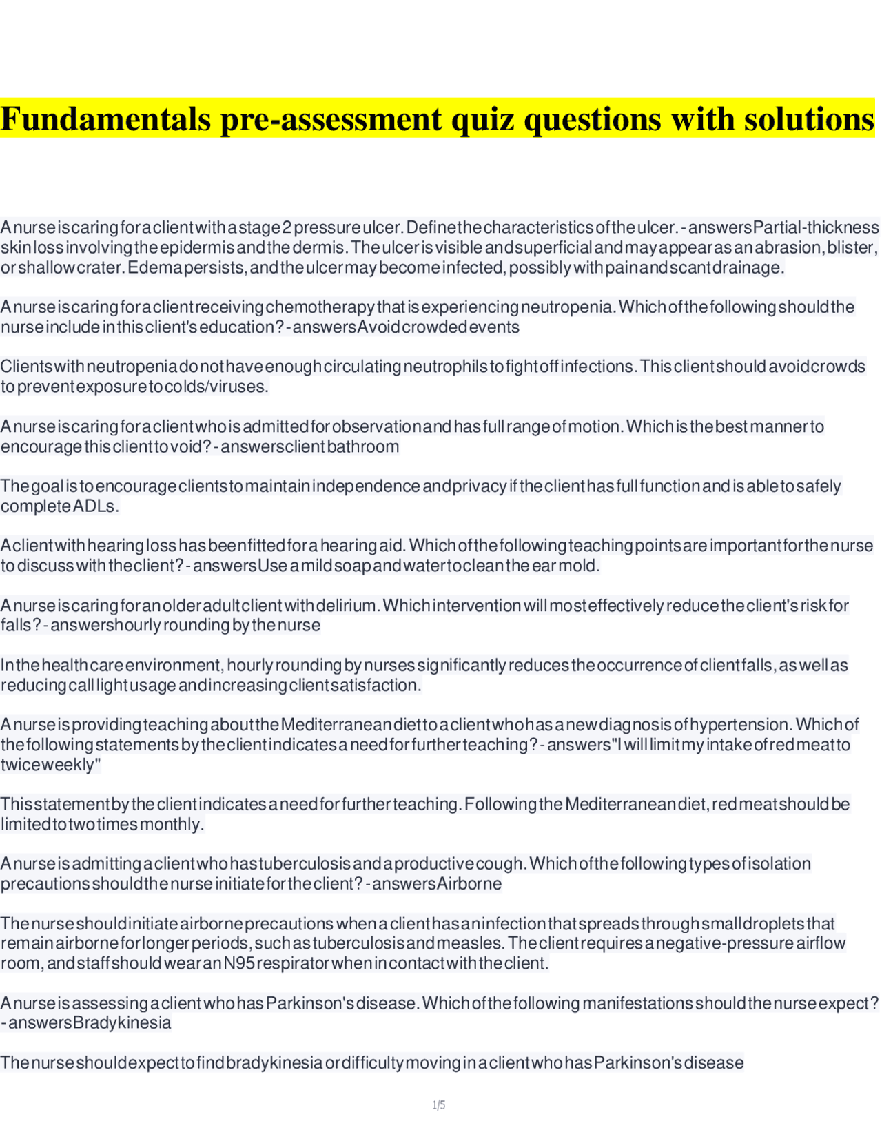 Nursing Fundamentals Pre-Assessment Quiz with Solutions | Exams Nursing ...