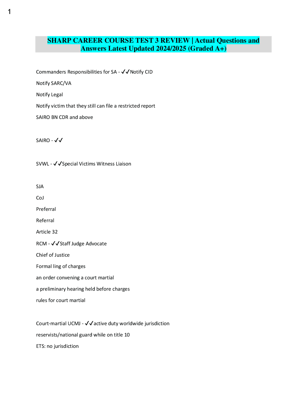 SHARP CAREER COURSE TEST 3 REVIEW | Actual Questions and Answers Latest ...