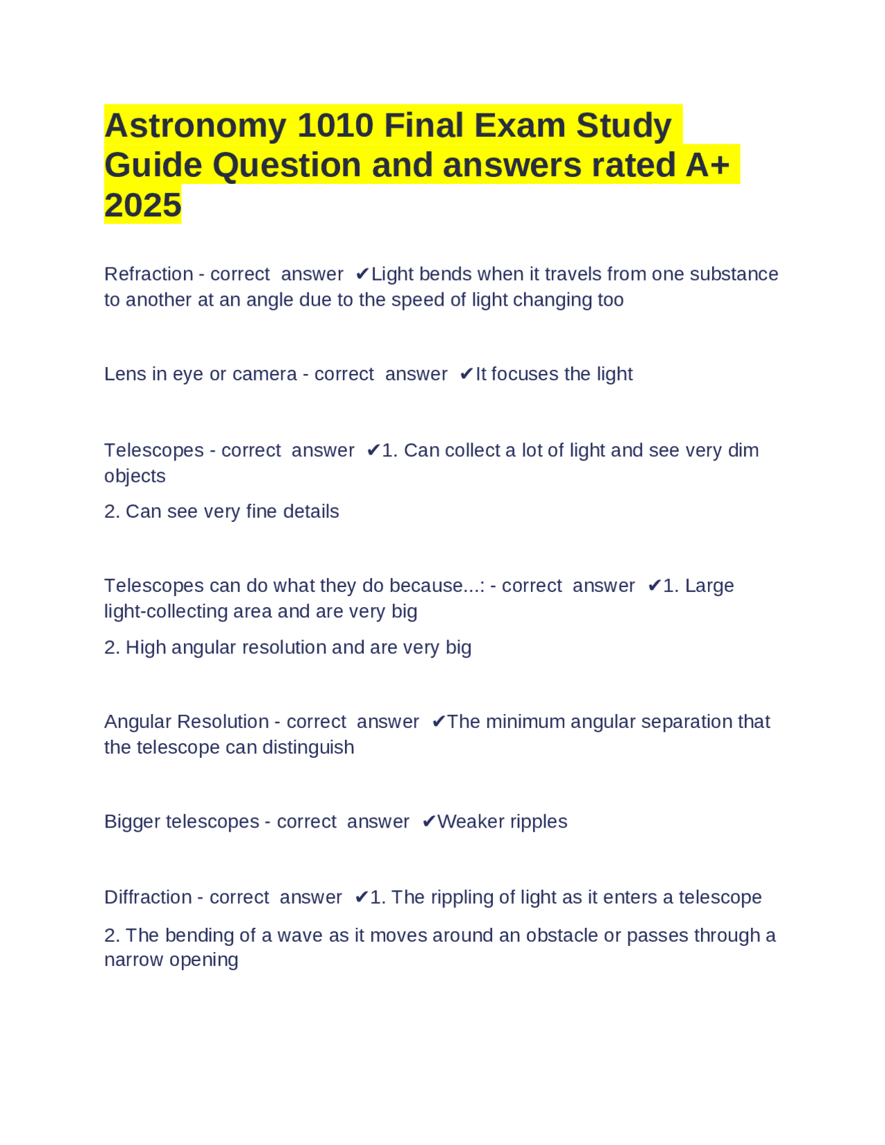 Astronomy 1010 Final Exam Study Guide Question and answers rated A+ 2025 | Exams Astronomy | Docsity