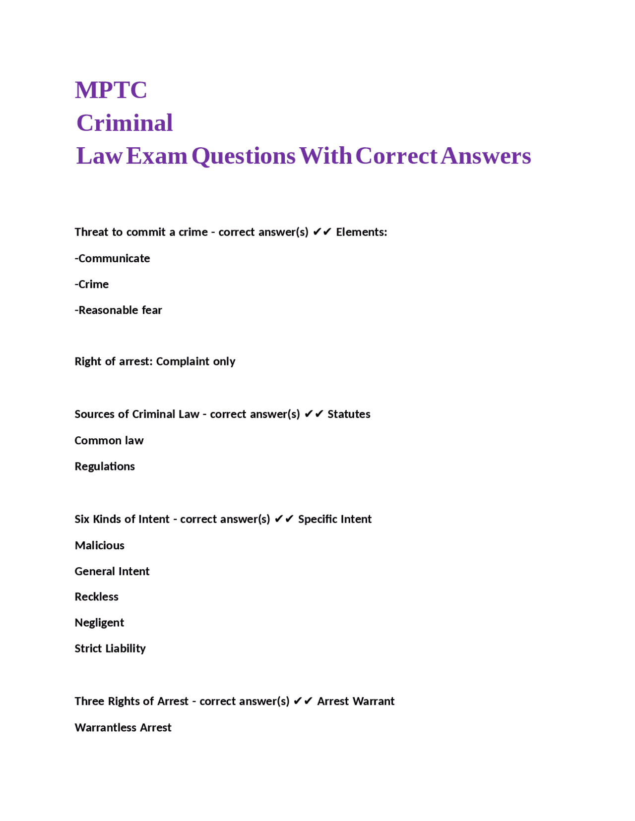 Criminal Law Exam Questions and Answers: Key Concepts and Arrest Rights ...