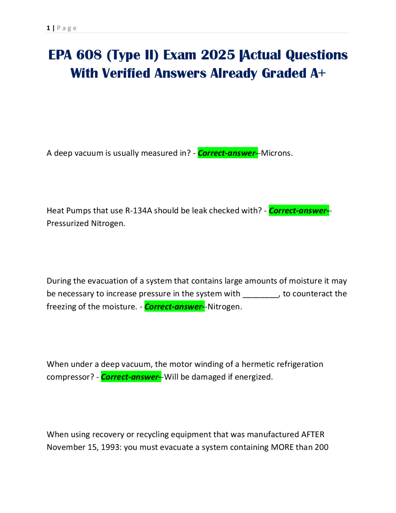 EPA 608 (Type II) Exam 2025 |Actual Questions With Verified Answers ...