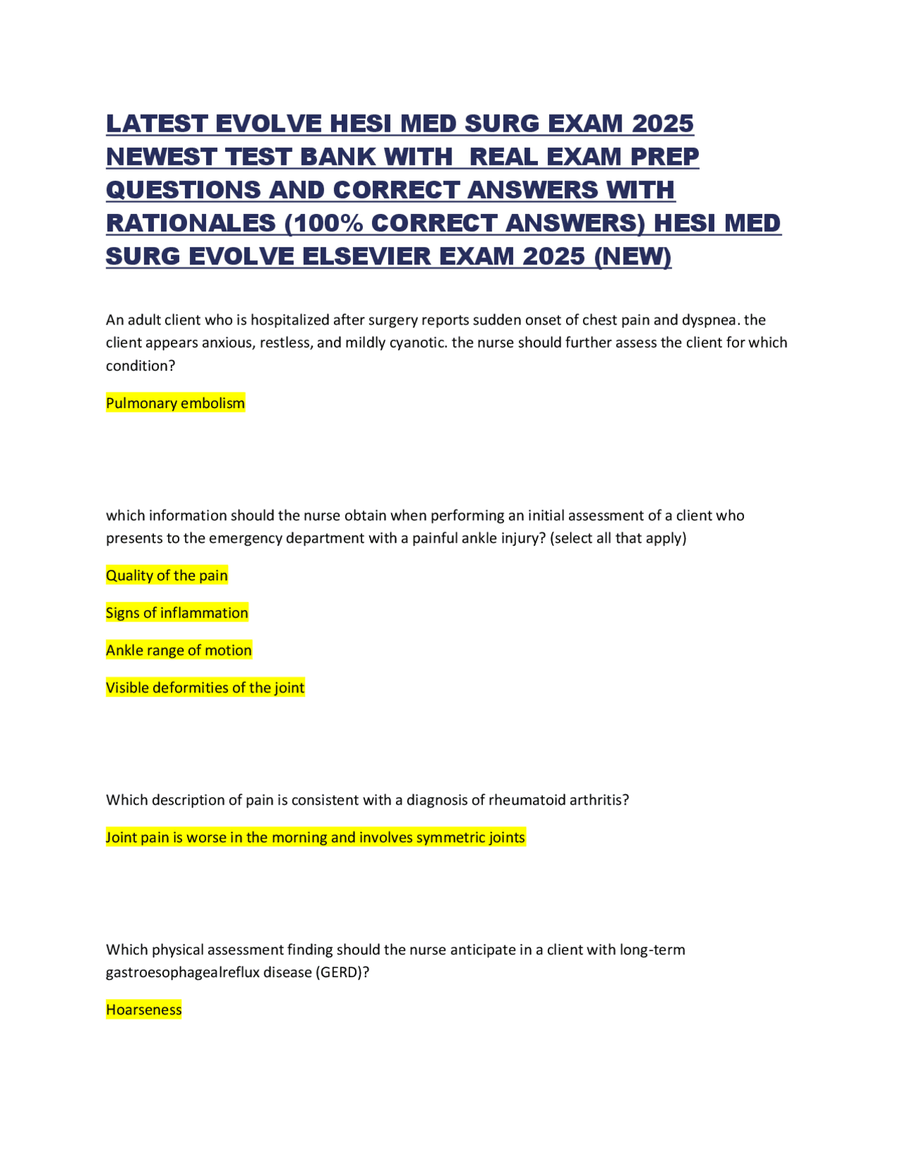 EVOLVE HESI MED SURG EXAM 2025 NEWEST TEST BANK WITH REAL EXAM PREP ...