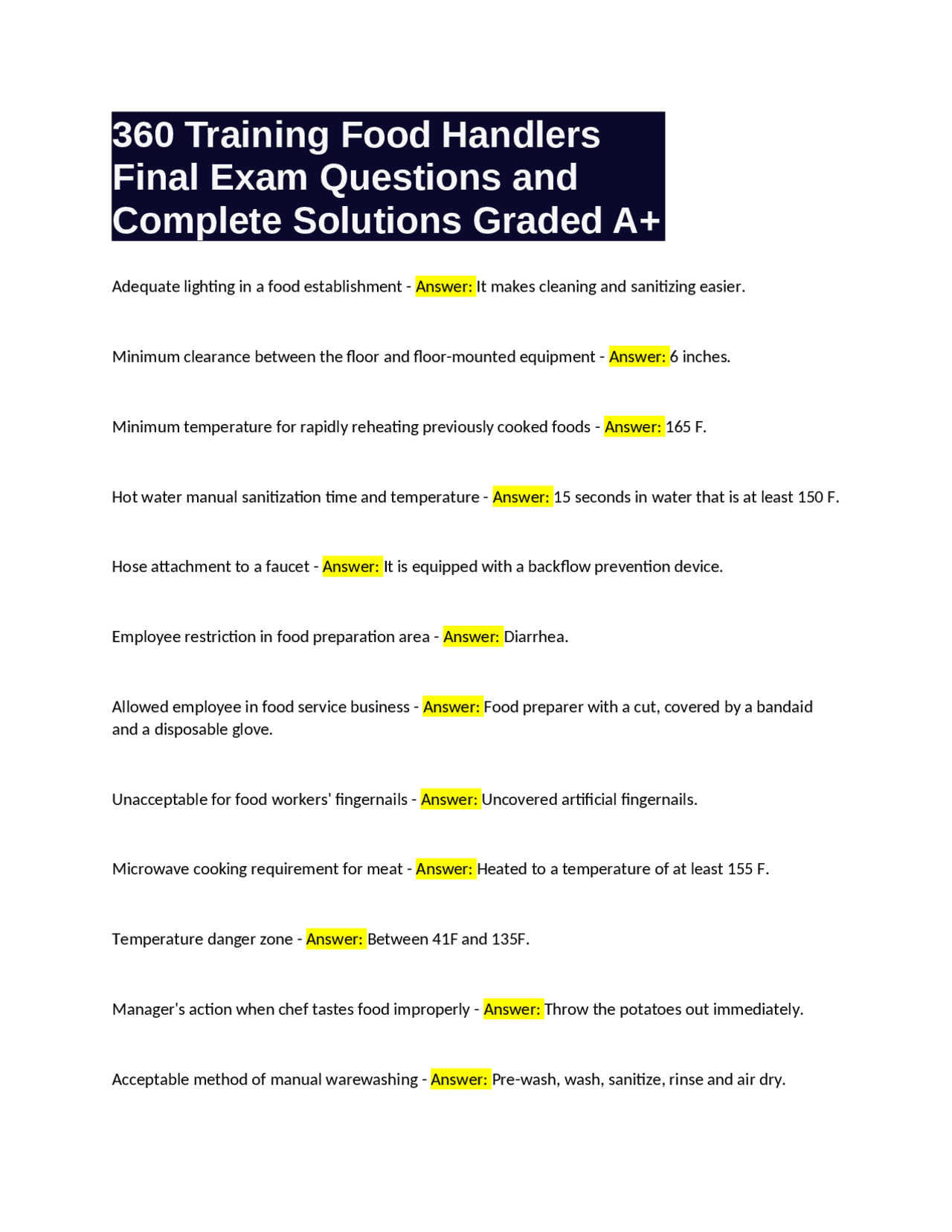 360 Training Food Handlers Final Exam Questions and Complete Solutions ...