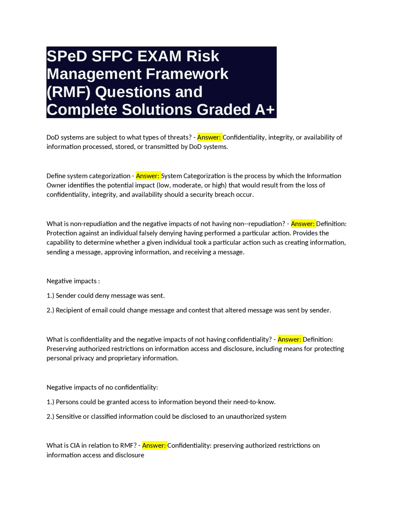 SPeD SFPC EXAM Risk Management Framework (RMF) Questions and Complete Solutions Graded A+ ...