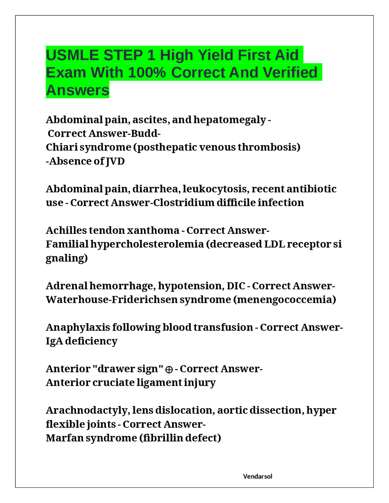 USMLE STEP 1 High Yield First Aid Exam With 100% Correct And Verified ...
