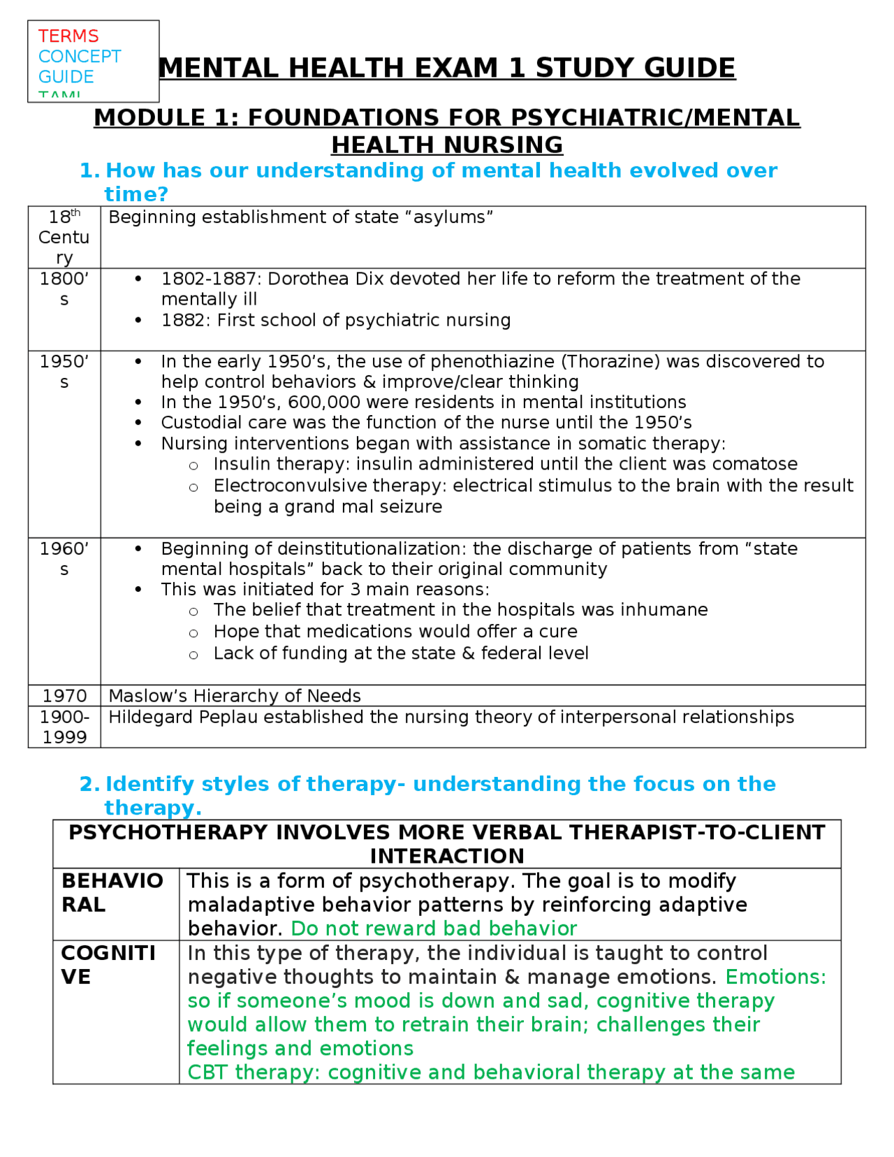 MENTAL HEALTH EXAM 1 STUDY GUIDE MODULE 1: FOUNDATIONS FOR PSYCHIATRIC ...