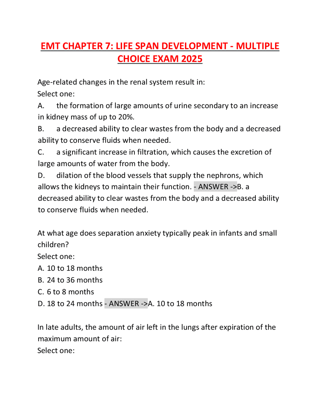 EMT CHAPTER 7: LIFE SPAN DEVELOPMENT - MULTIPLE CHOICE EXAM 2025 ...