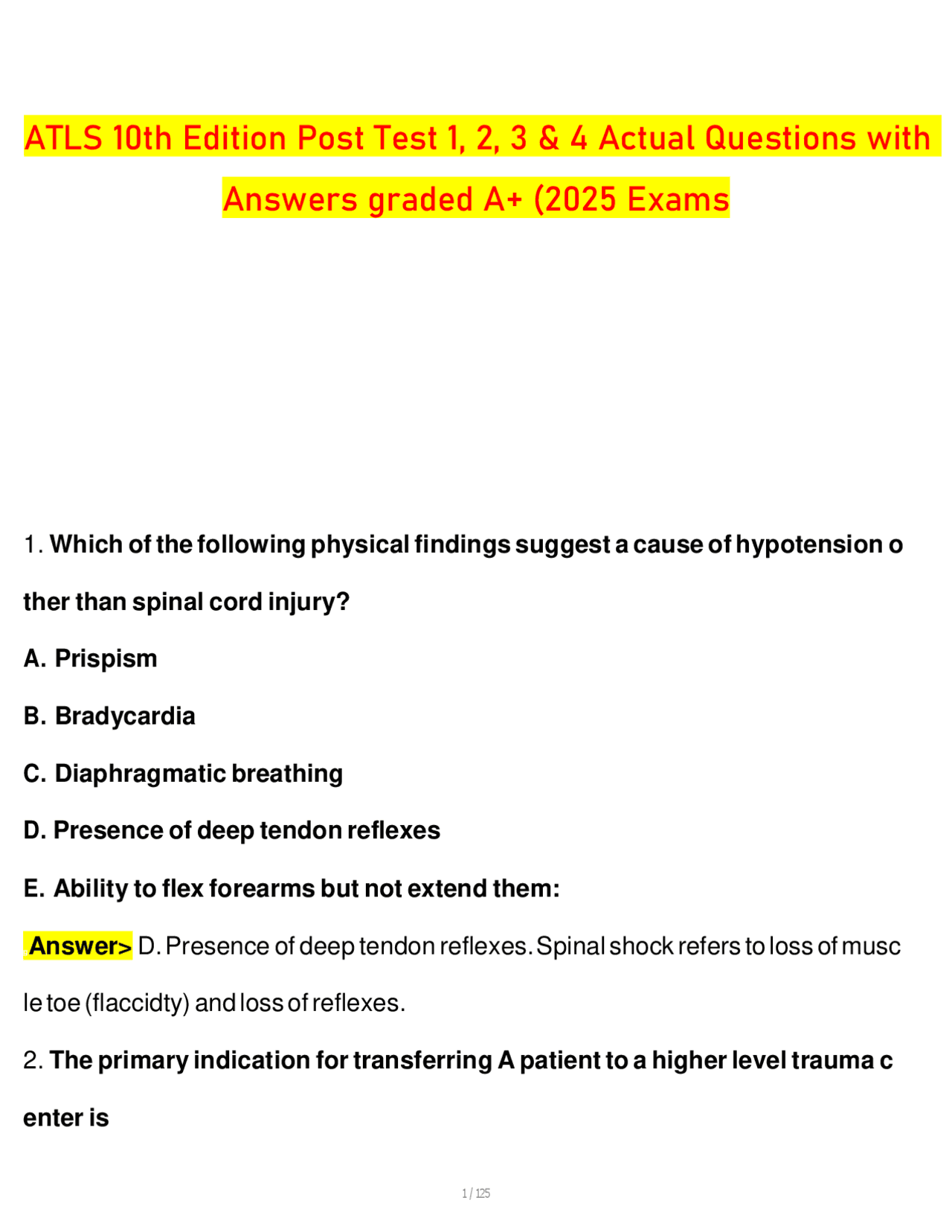 ATLS 10th Edition Post Test 1, 2, 3 & 4 Actual Questions with Answers ...