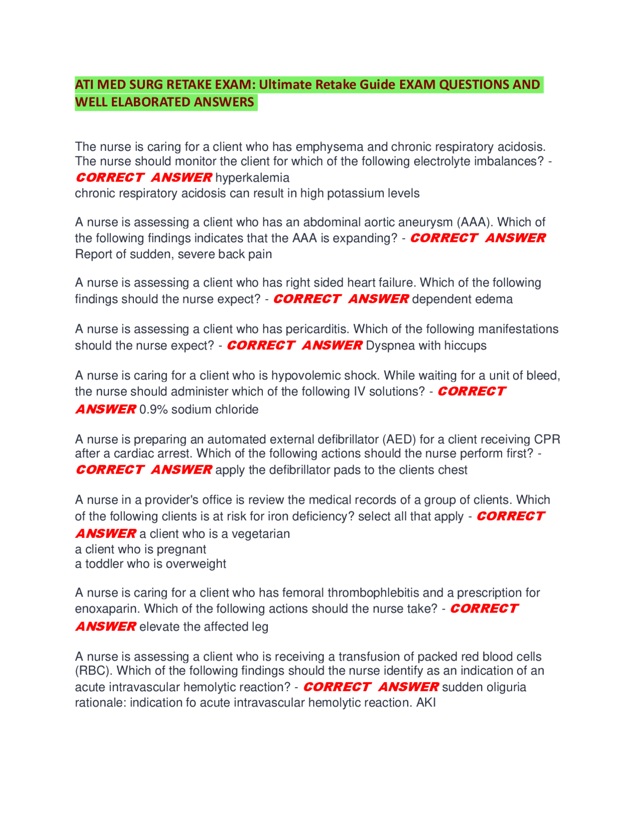 ATI MED SURG RETAKE EXAM: Ultimate Retake Guide EXAM QUESTIONS AND WELL ...