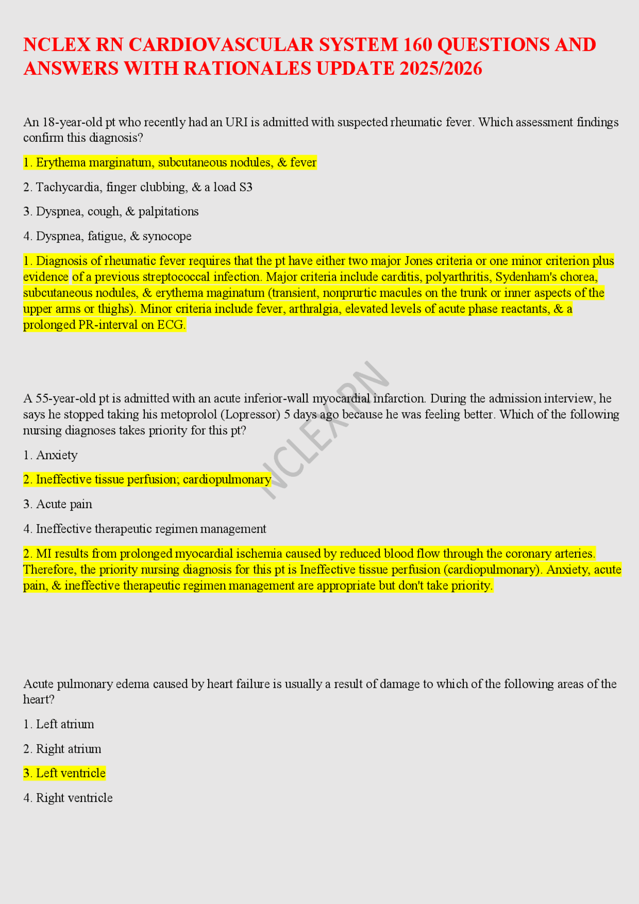 NCLEX RN CARDIOVASCULAR SYSTEM 160 QUESTIONS AND ANSWERS WITH ...