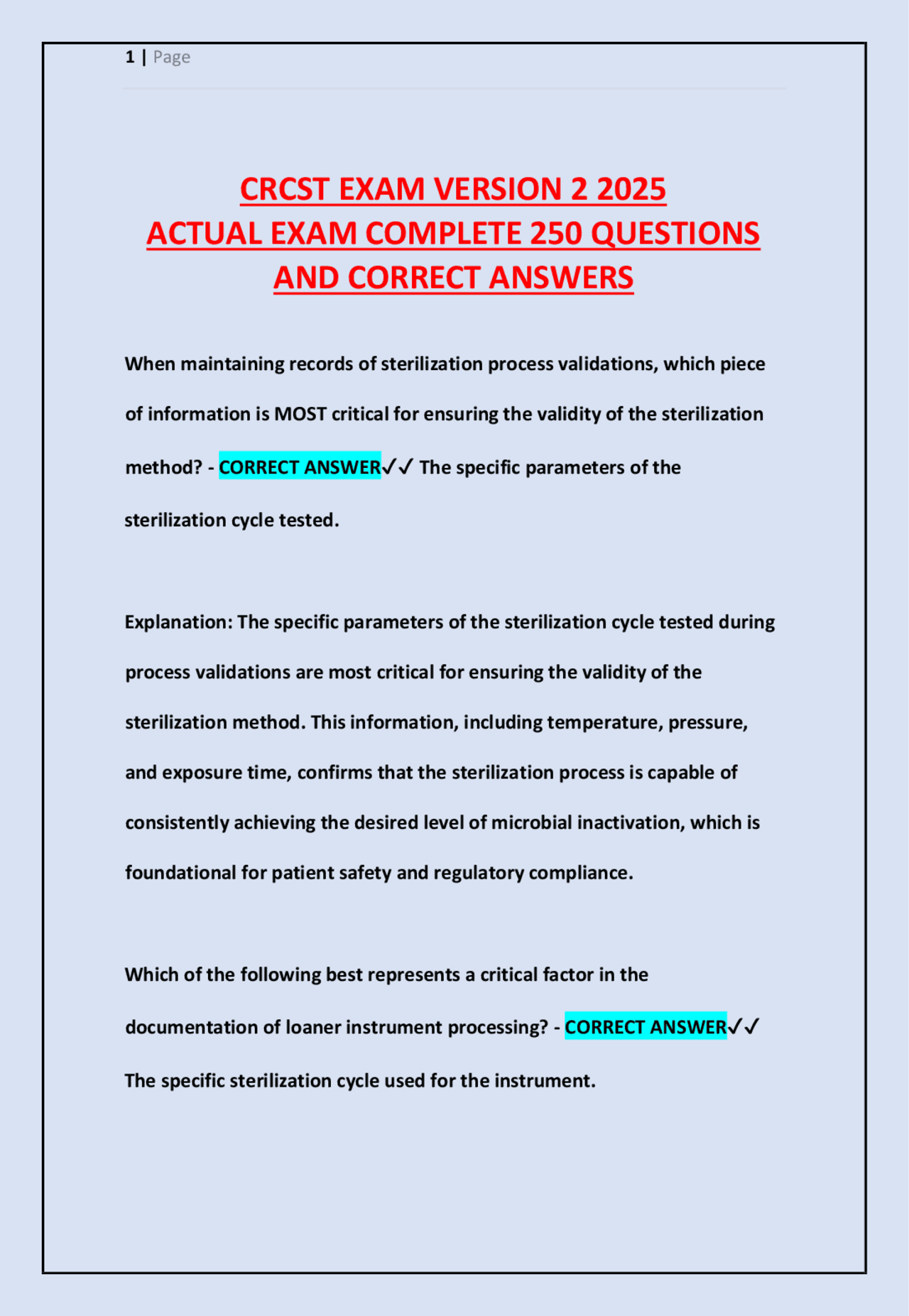CRCST EXAM VERSION 2 2025 ACTUAL EXAM COMPLETE 250 QUESTIONS AND ...