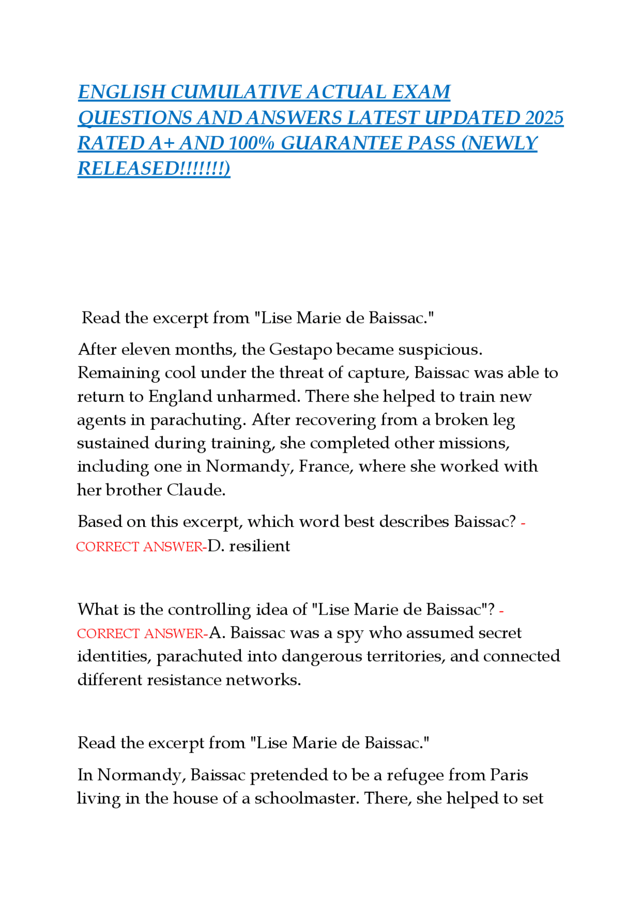 ENGLISH CUMULATIVE ACTUAL EXAM QUESTIONS AND ANSWERS LATEST UPDATED ...