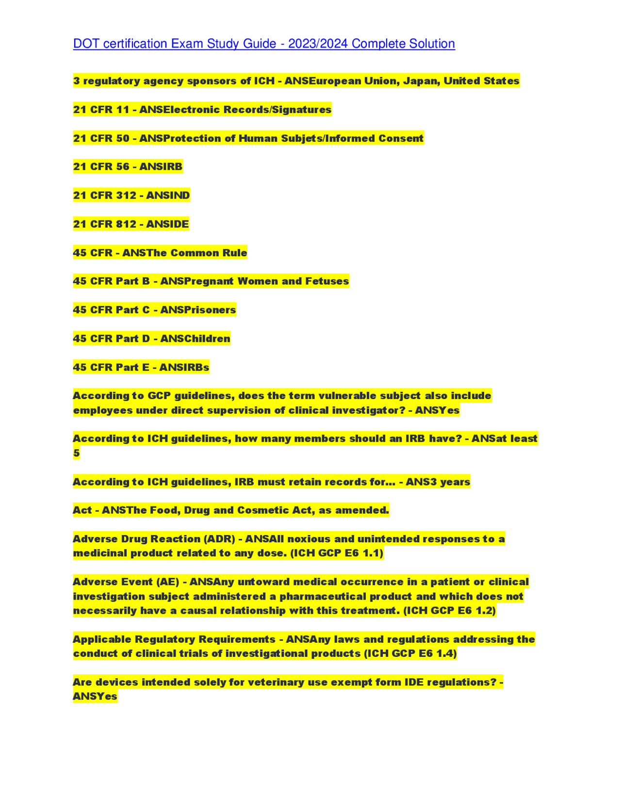 DOT certification Exam Study Guide - 2023-2024 Complete Solution.pdf | Exams Database Management ...