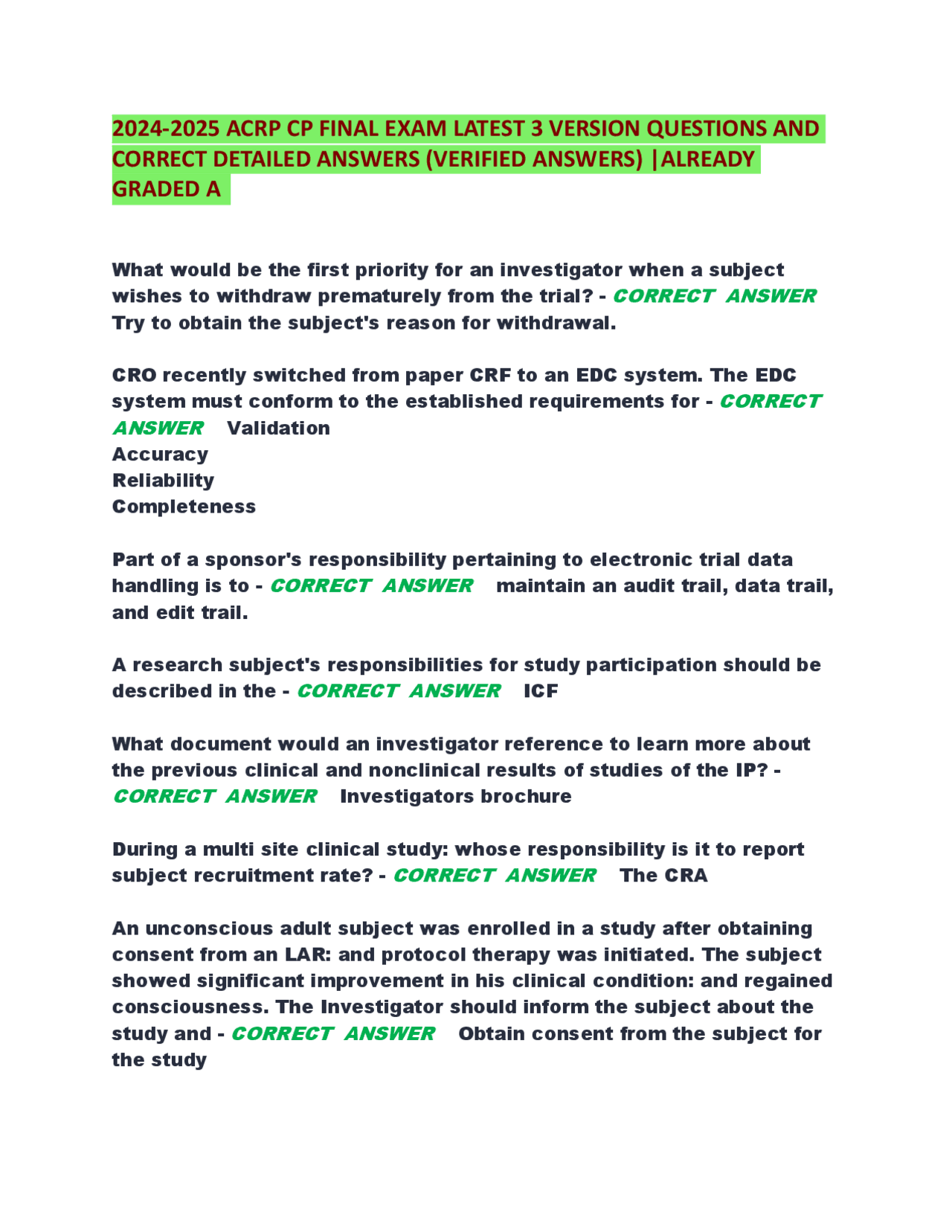 2024-2025 ACRP CP FINAL EXAM LATEST 3 VERSION QUESTIONS AND CORRECT ...