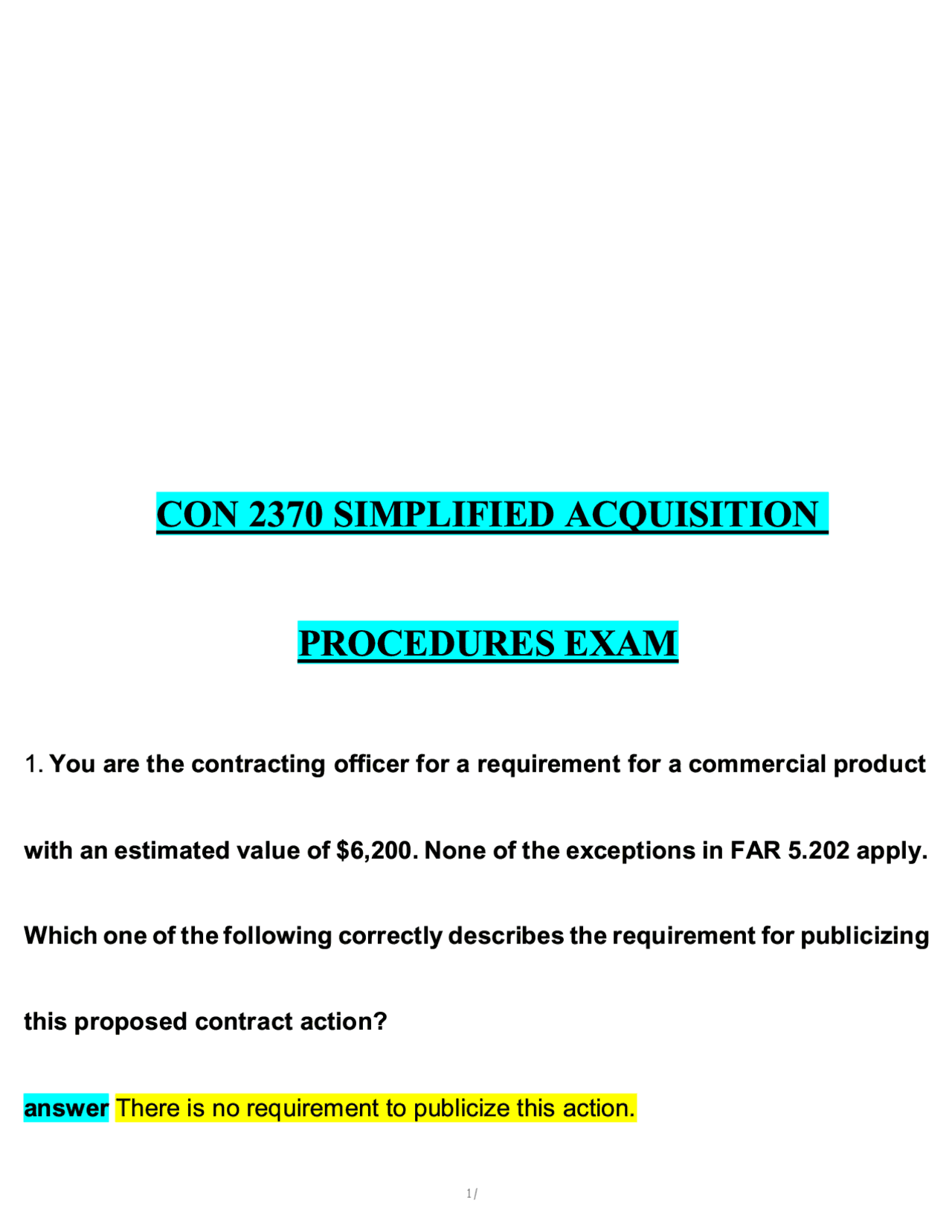CON 2370 SIMPLIFIED ACQUISITION PROCEDURES EXAM Questions & Answers ...