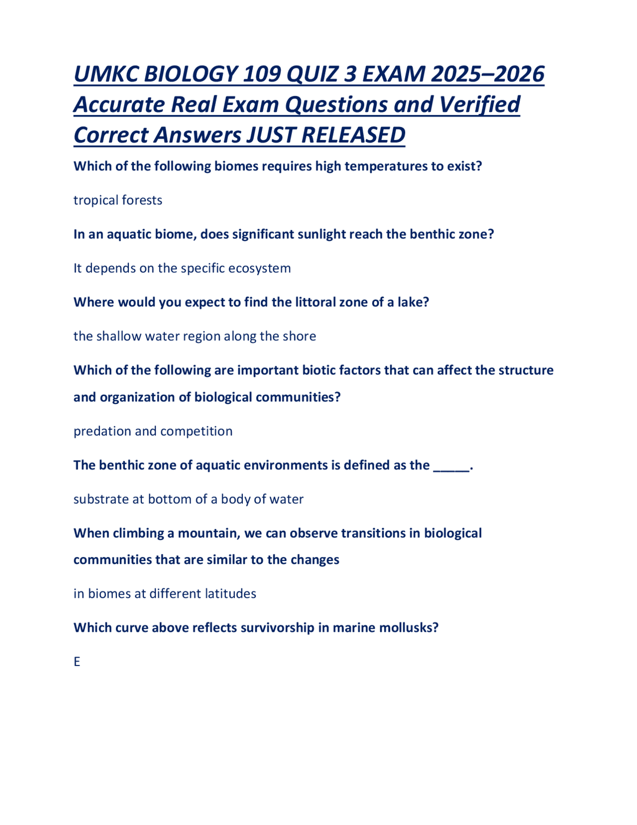 UMKC Biology 109 Quiz 3 Exam 2025–2026 –Ecology, Biomes, and Population ...