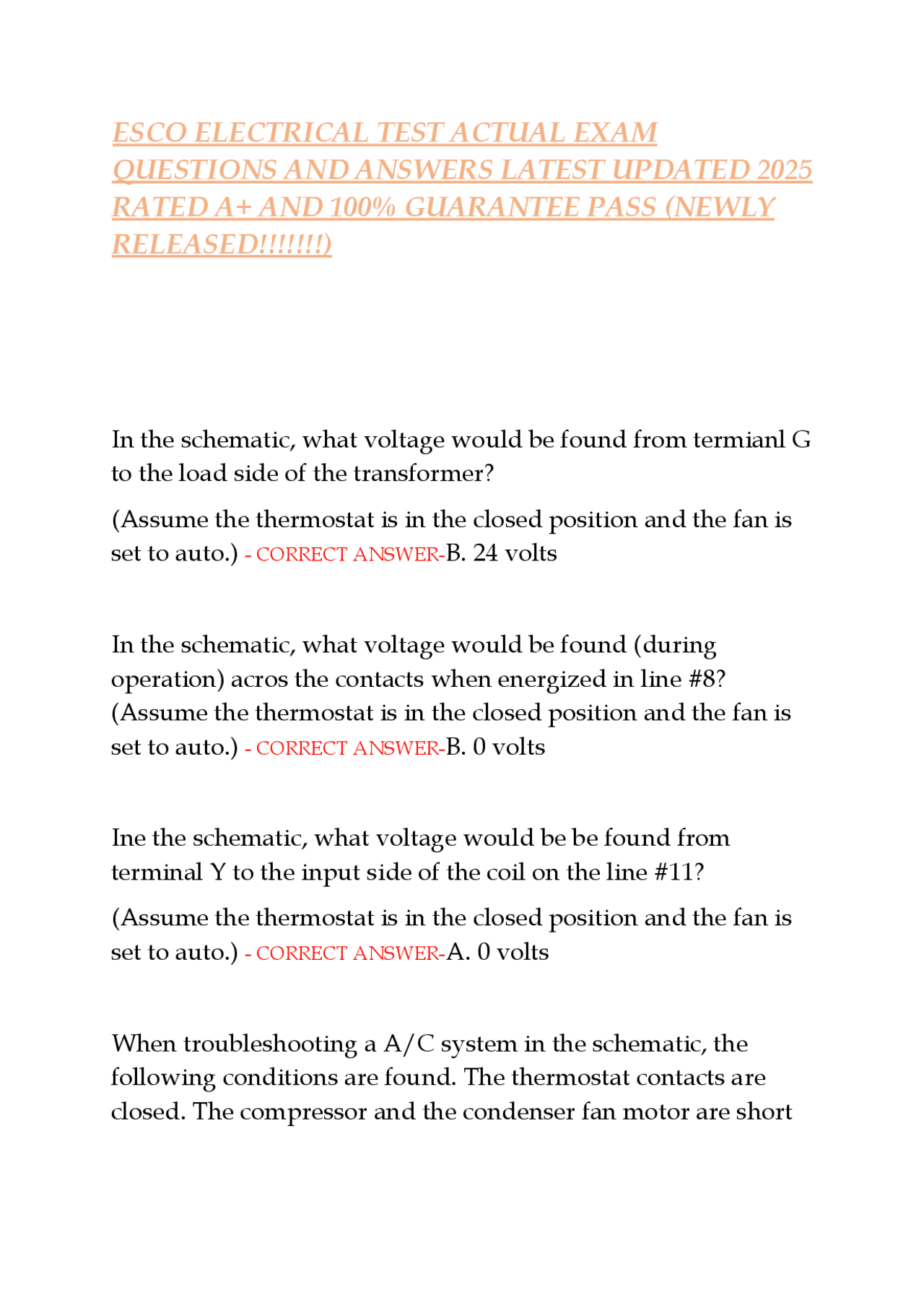 ESCO ELECTRICAL TEST ACTUAL EXAM QUESTIONS AND ANSWERS LATEST UPDATED ...